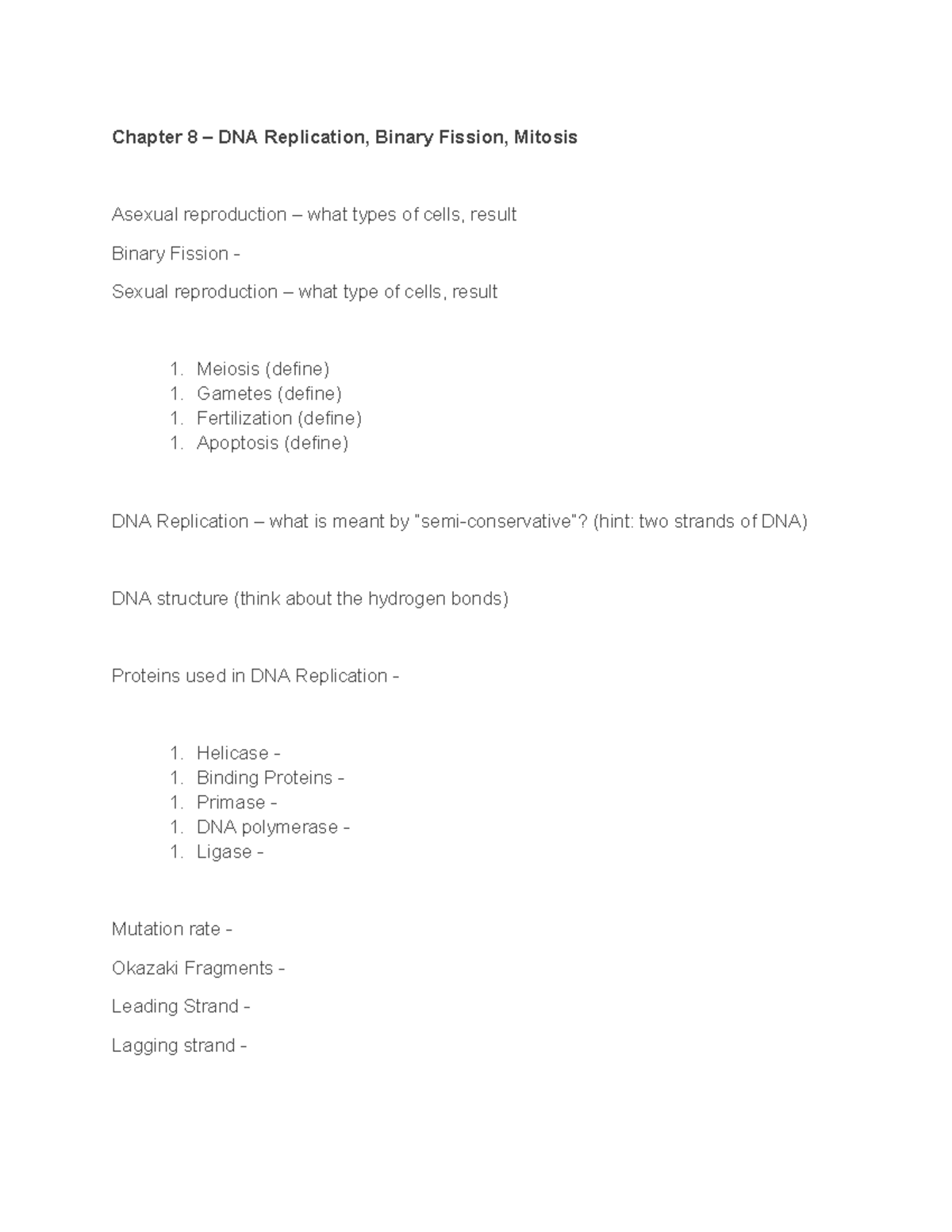 Chapter 8 Notes: DNA Replication, Mitosis & Cell Cycle Concepts - Studocu