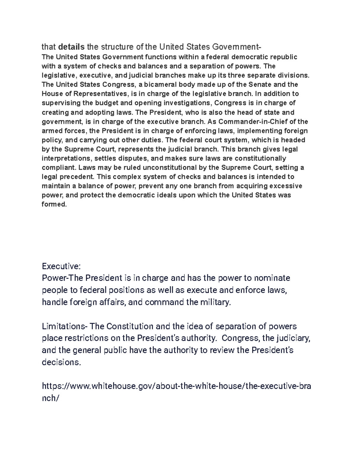 US Government Structure: Federal System & Branches Overview - Studocu