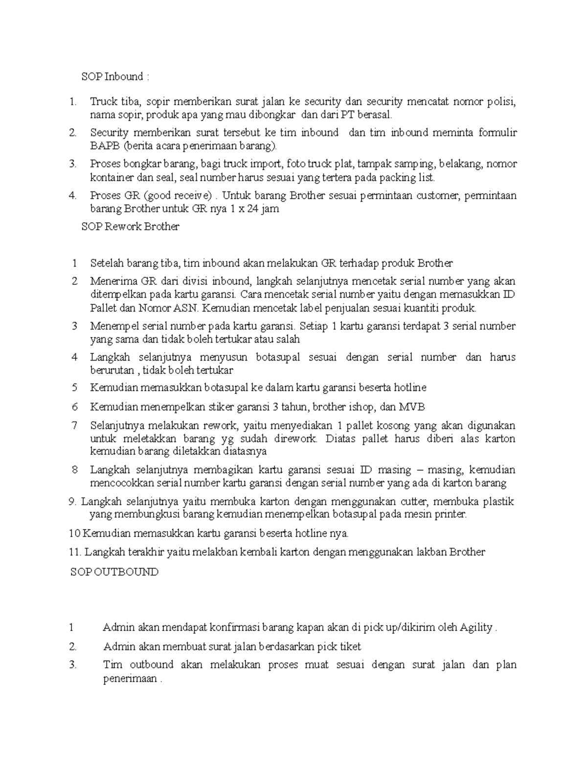 SOP Inbound dan Outbound: Prosedur Operasional PT Agility - Studocu