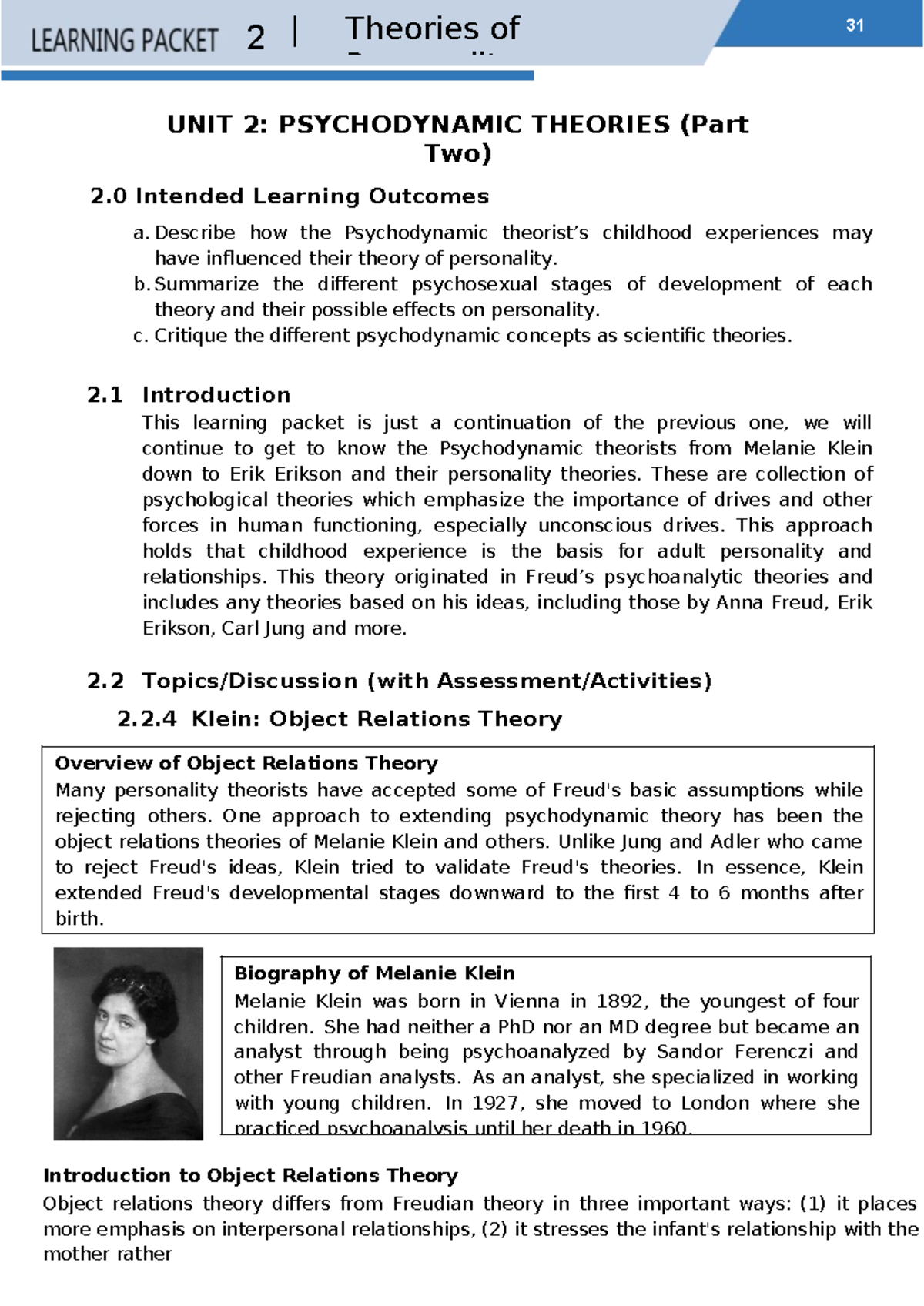 TOP-Learning-Packet-2 Psychodynamic-Theories-Part-2-Essay-Notes - Studocu