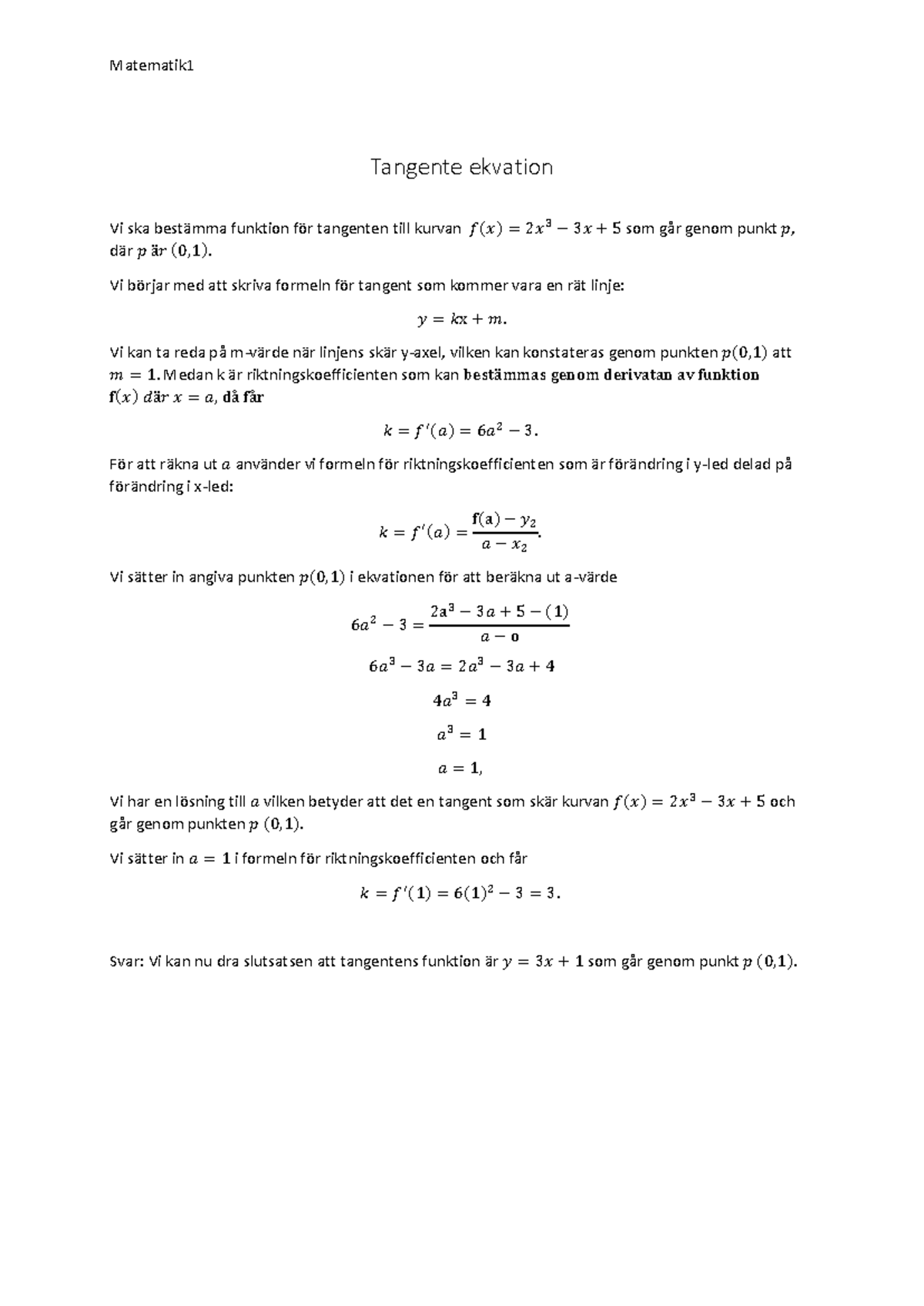 Algebra 8 - Tangent Ekvationer och Funktioner - Studocu