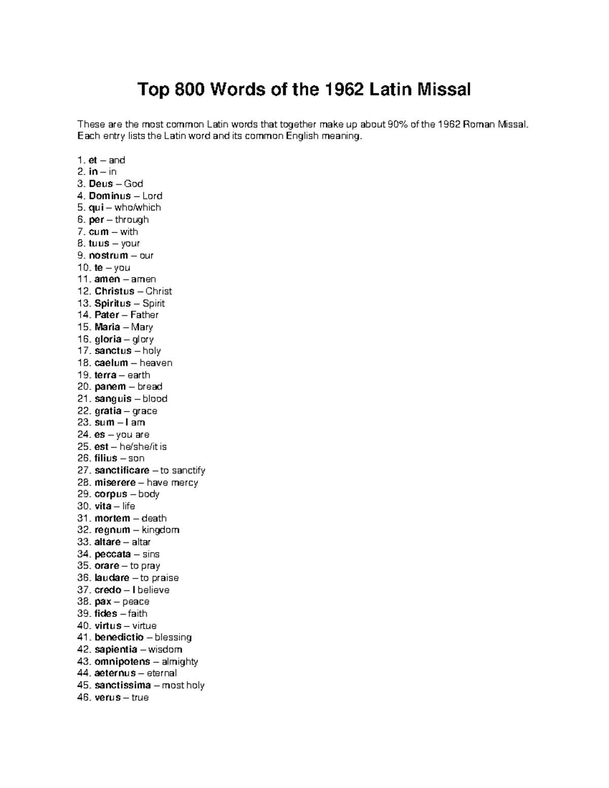 Top 800 Common Words from the 1962 Latin Missal - Studocu