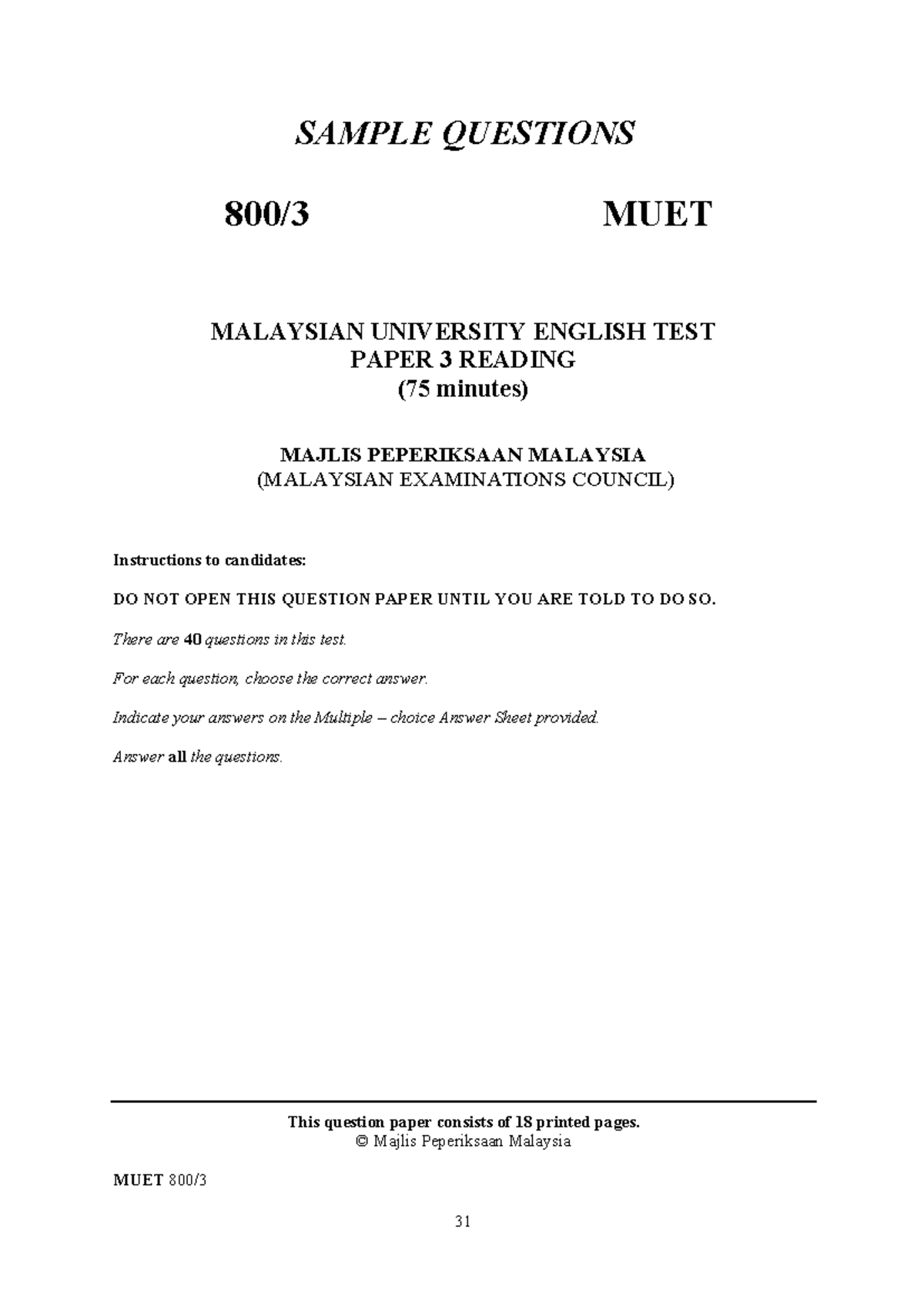 Sample Questions for MUET 800/3 Reading Test - Studocu