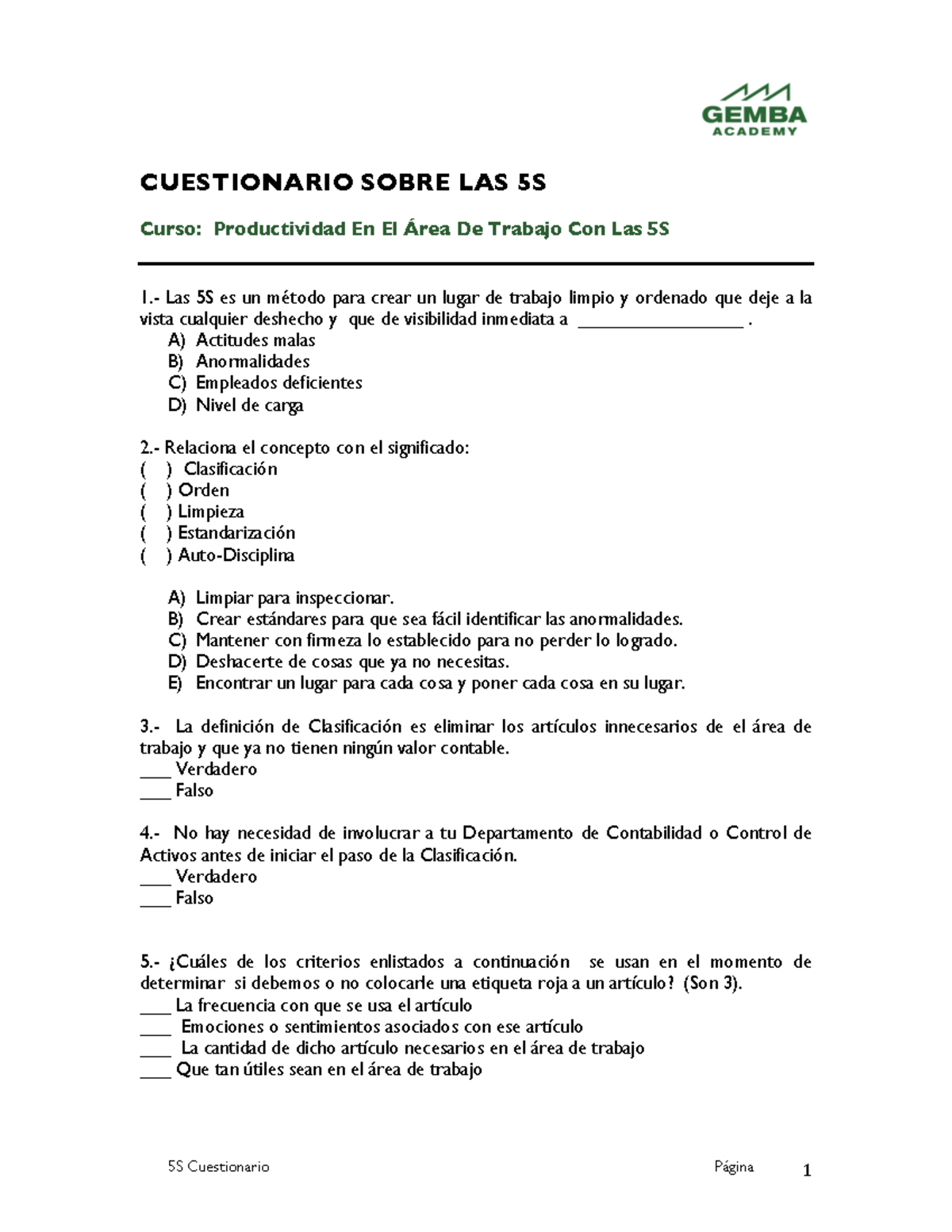 5S-Quiz-Spanish: Cuestionario Sobre Las 5S y Productividad - Studocu