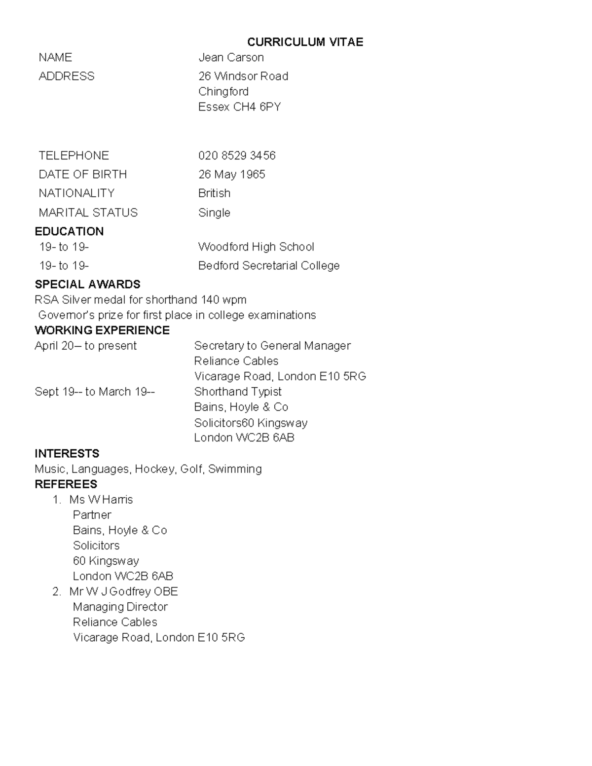 Curriculum Vitae of Jean Carson - Professional Profile - Studocu