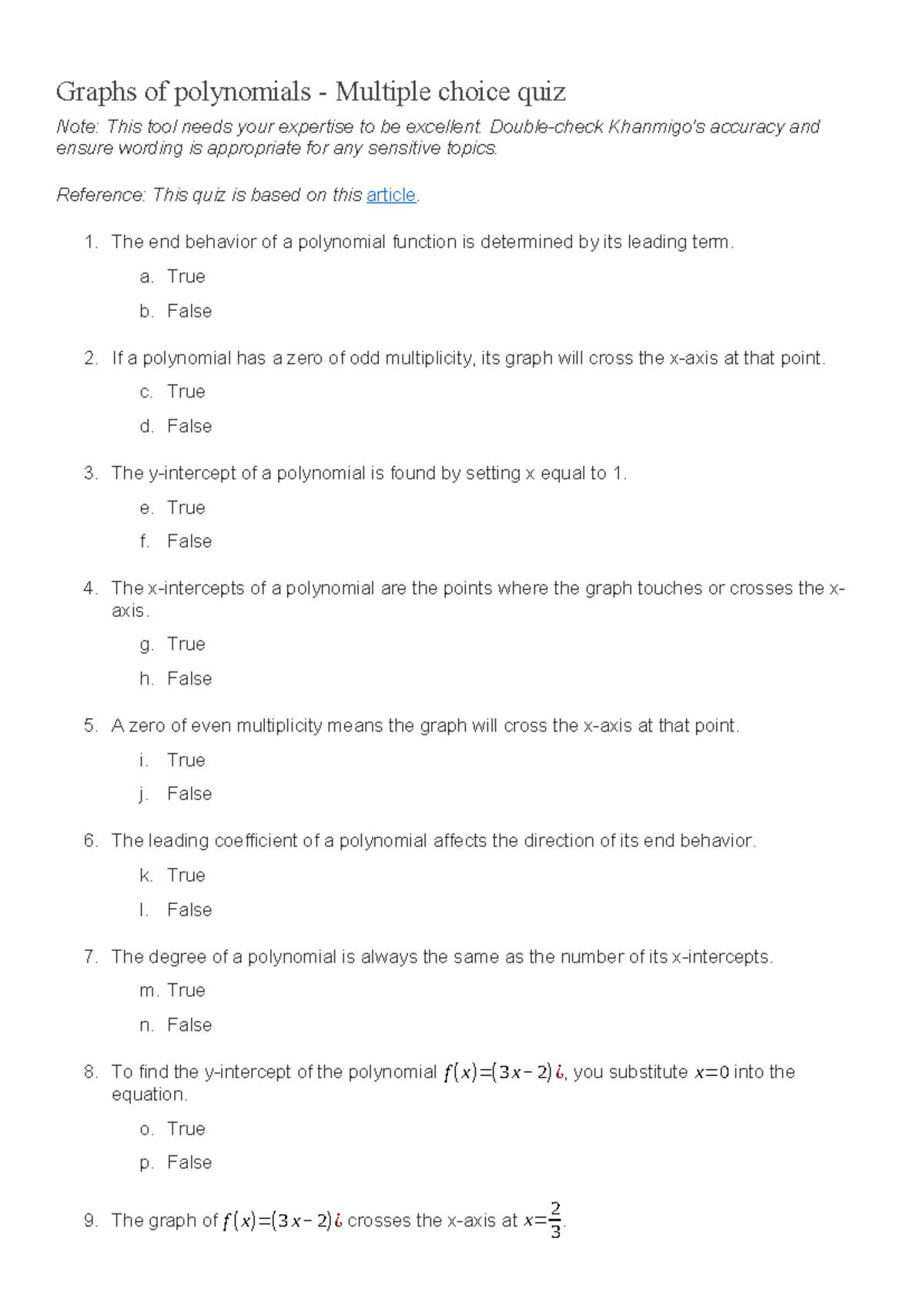 Graphs of Polynomials (MATH101) - Multiple Choice Quiz - Studocu