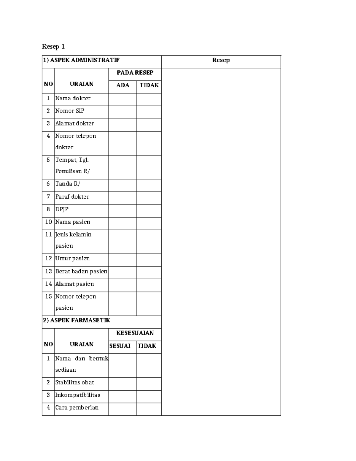Form Skrining Resep - ASPEK ADMINISTRATIF & FARMASETIK - Studocu