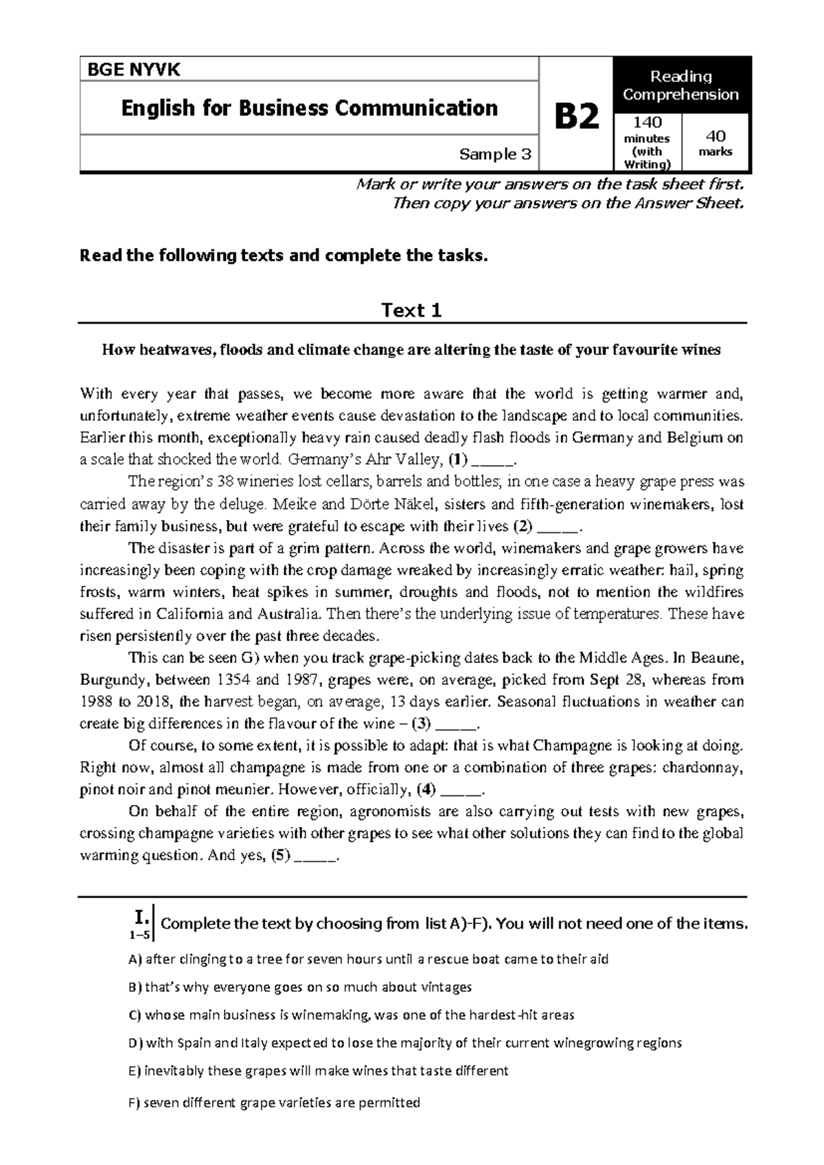 BGE NYVK English for Business Communication B2 Sample 3 Reading Tasks ...