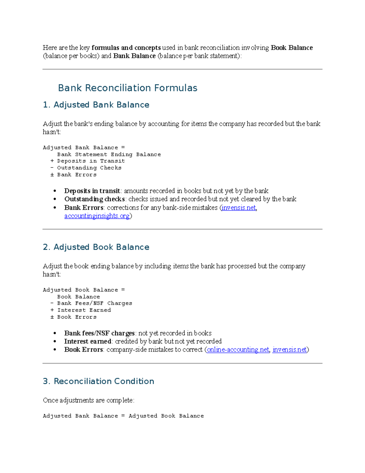 Bank Reconciliation Key Formulas and Concepts (Course Code: ACC101 ...
