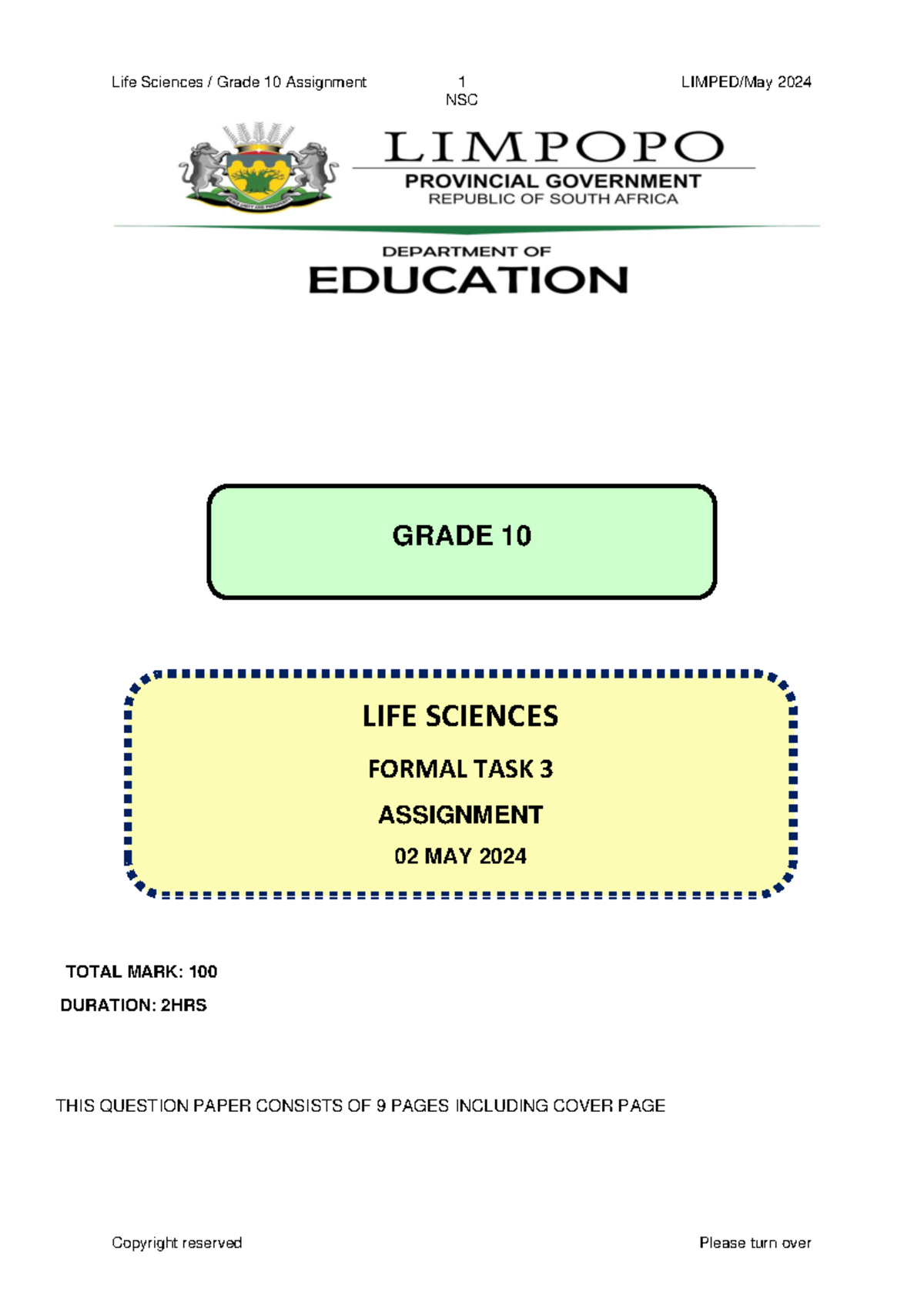 2024 Gr10 Life Sciences Assignment QP: Formal Task 3 - Studocu