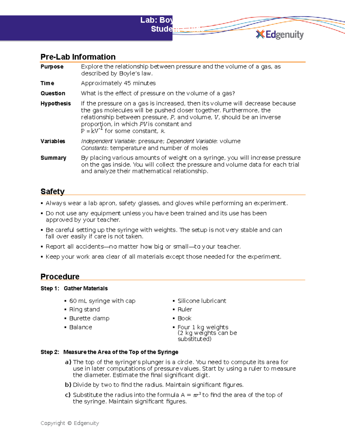 Boyle's law lab report - Copyright © Edgenuity Lab: Boyle’s Law Student ...
