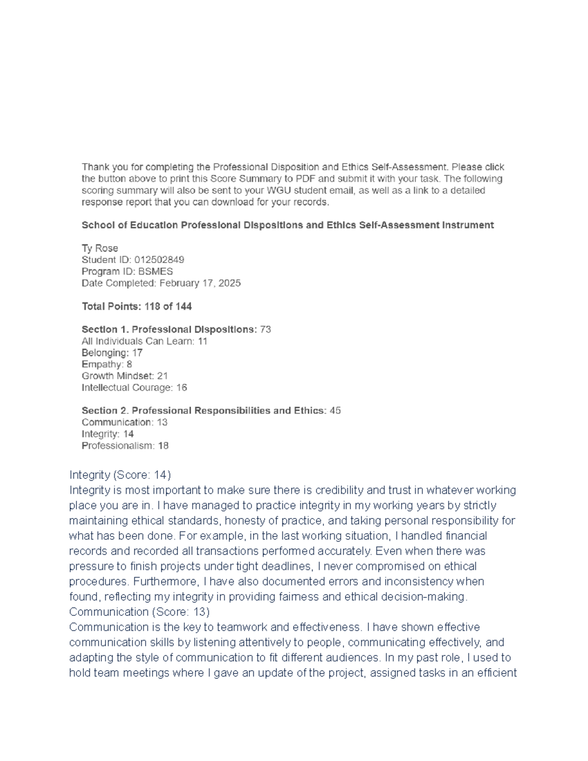 D090 task 4 - Wgu school as a community of care - Integrity (Score: 14 ...
