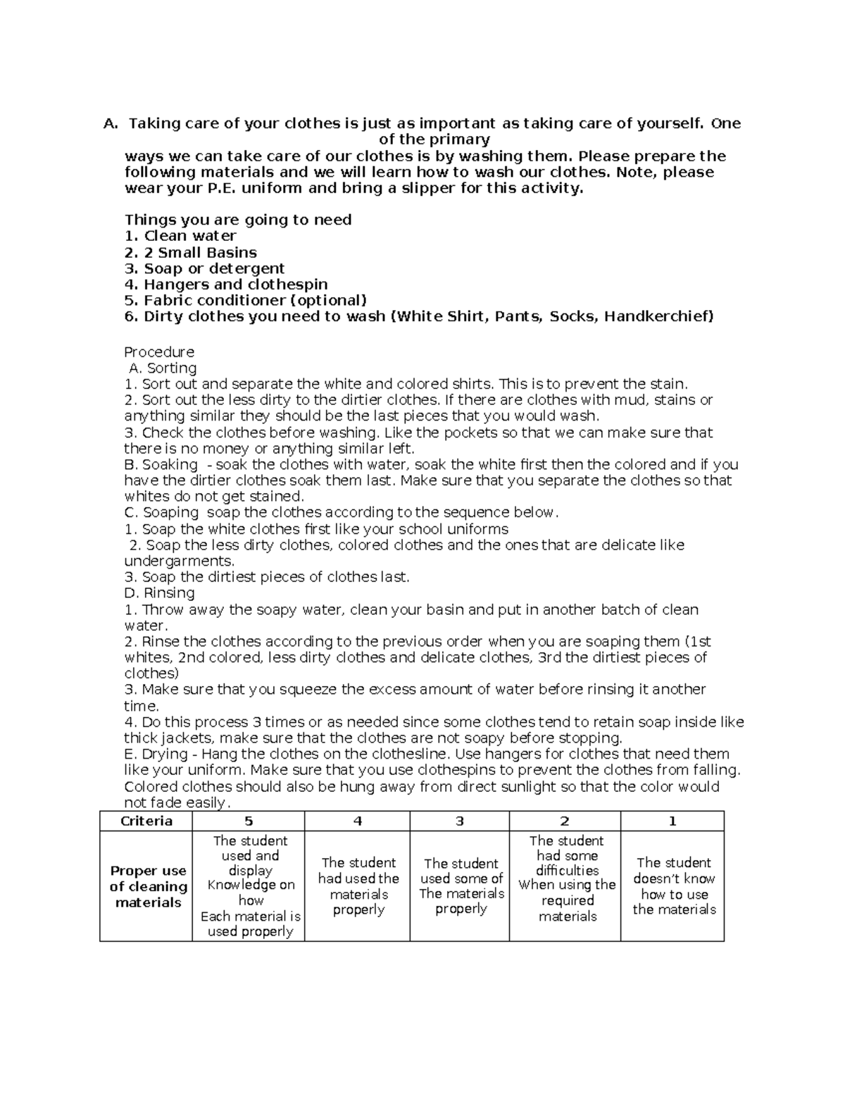 Washing and Ironing Clothes: A Practical Guide for P.E. Class - Studocu