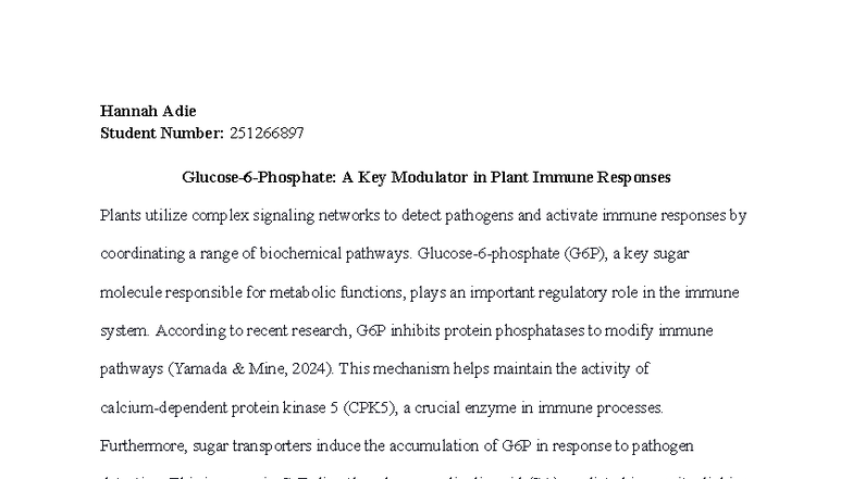 BIO3224 Assignment 1: G6P as a Key Modulator in Plant Immunity - Studocu