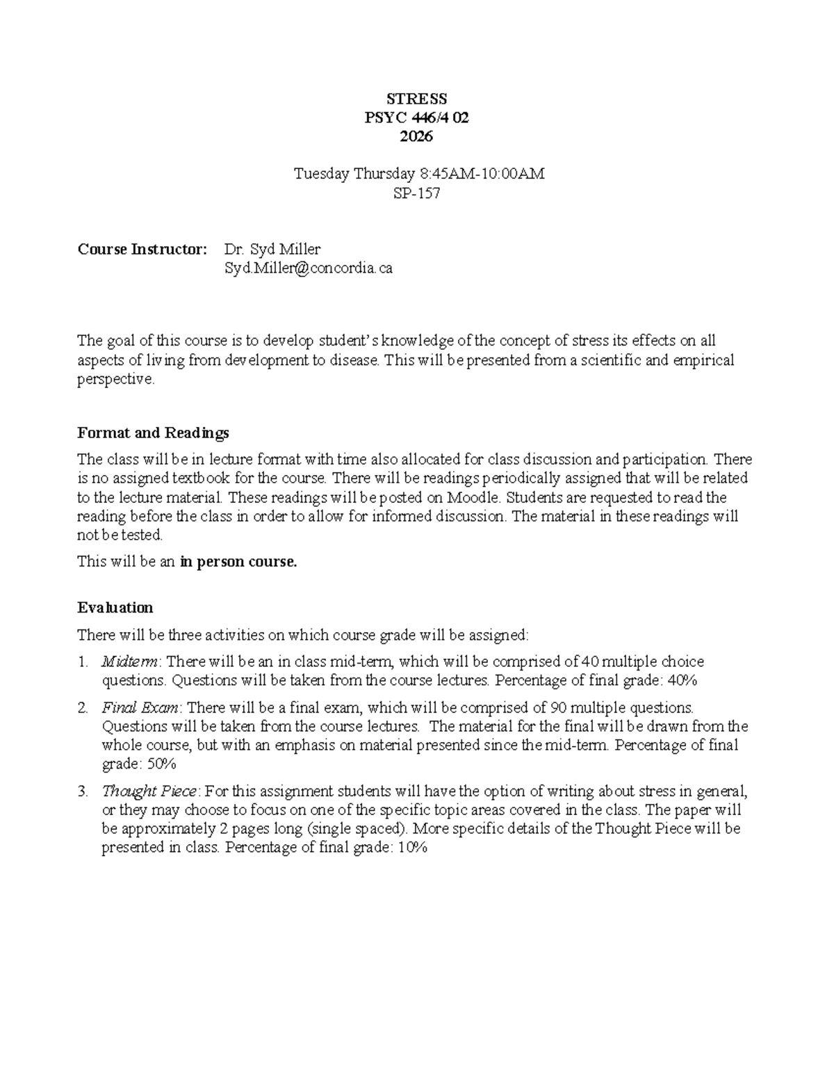PSYC 446-02 2026 Course Outline: Understanding Stress and Its Impact ...