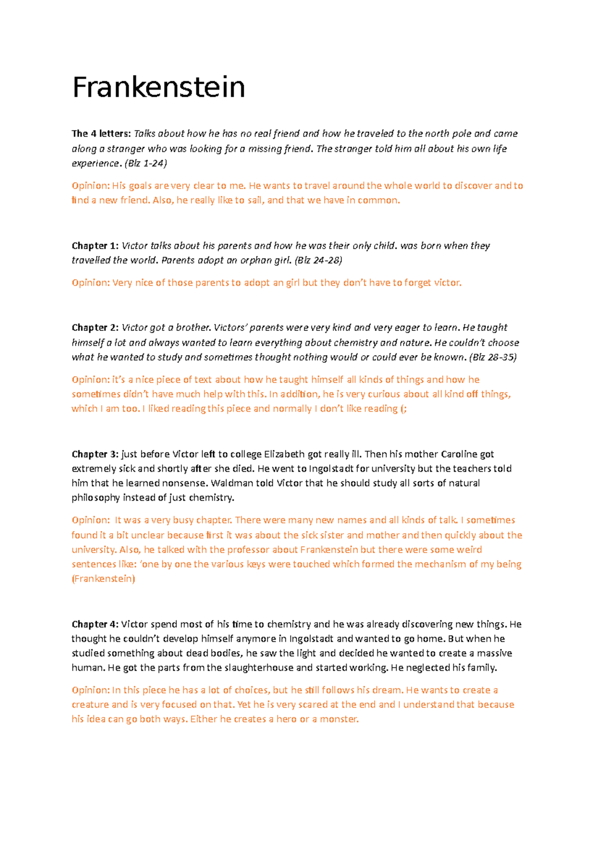 Frankenstein (ENG 101) Chapter Summaries and Opinions Analysis ...
