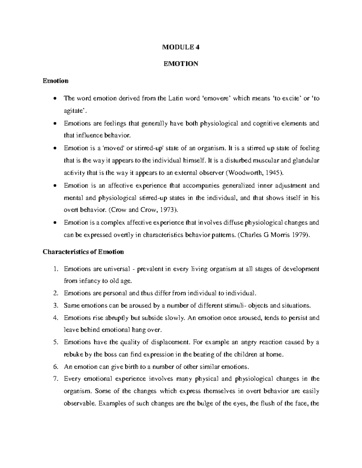 Emotion - study notes - MODULE 4 EMOTION Emotion The word emotion ...
