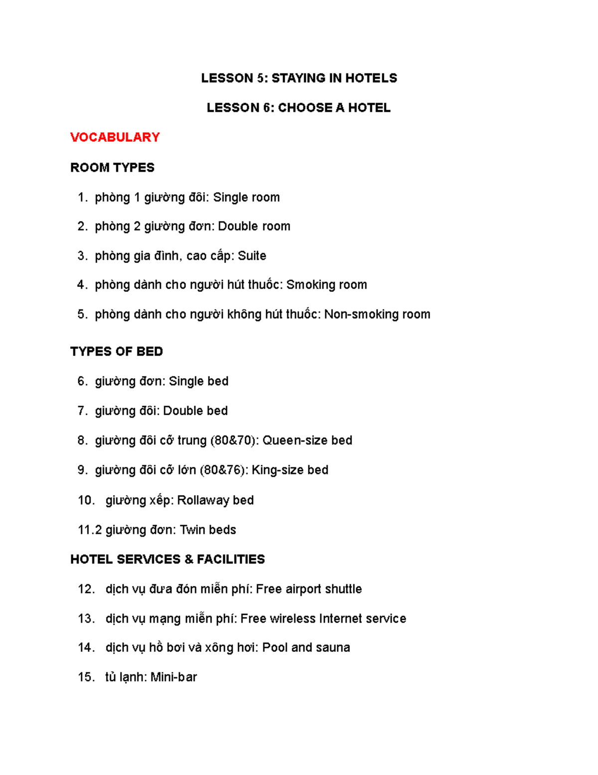 Review 3 Lesson 5+6 - Tai lieu tieng anh - LESSON 5 : STAYING IN HOTELS ...