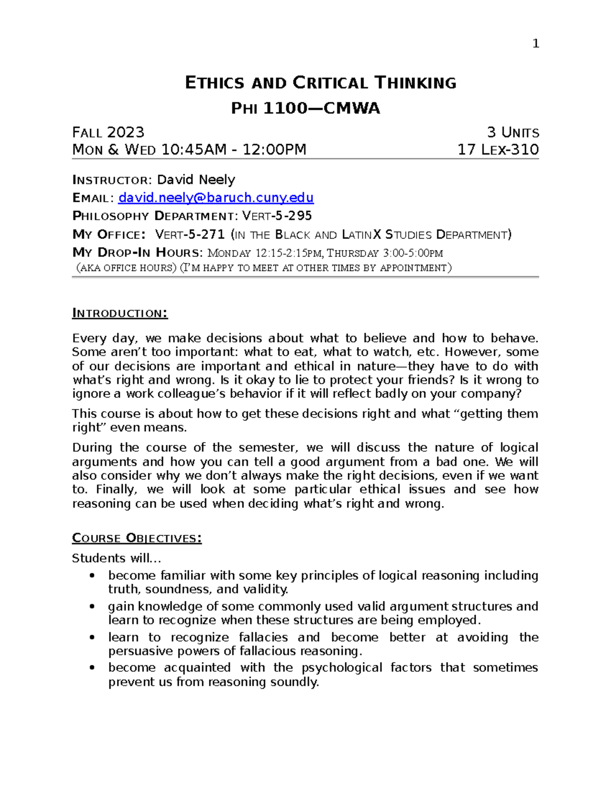 PHI 1100 - Ethics & Critical Thinking Syllabus - Fall 2023 - Studocu