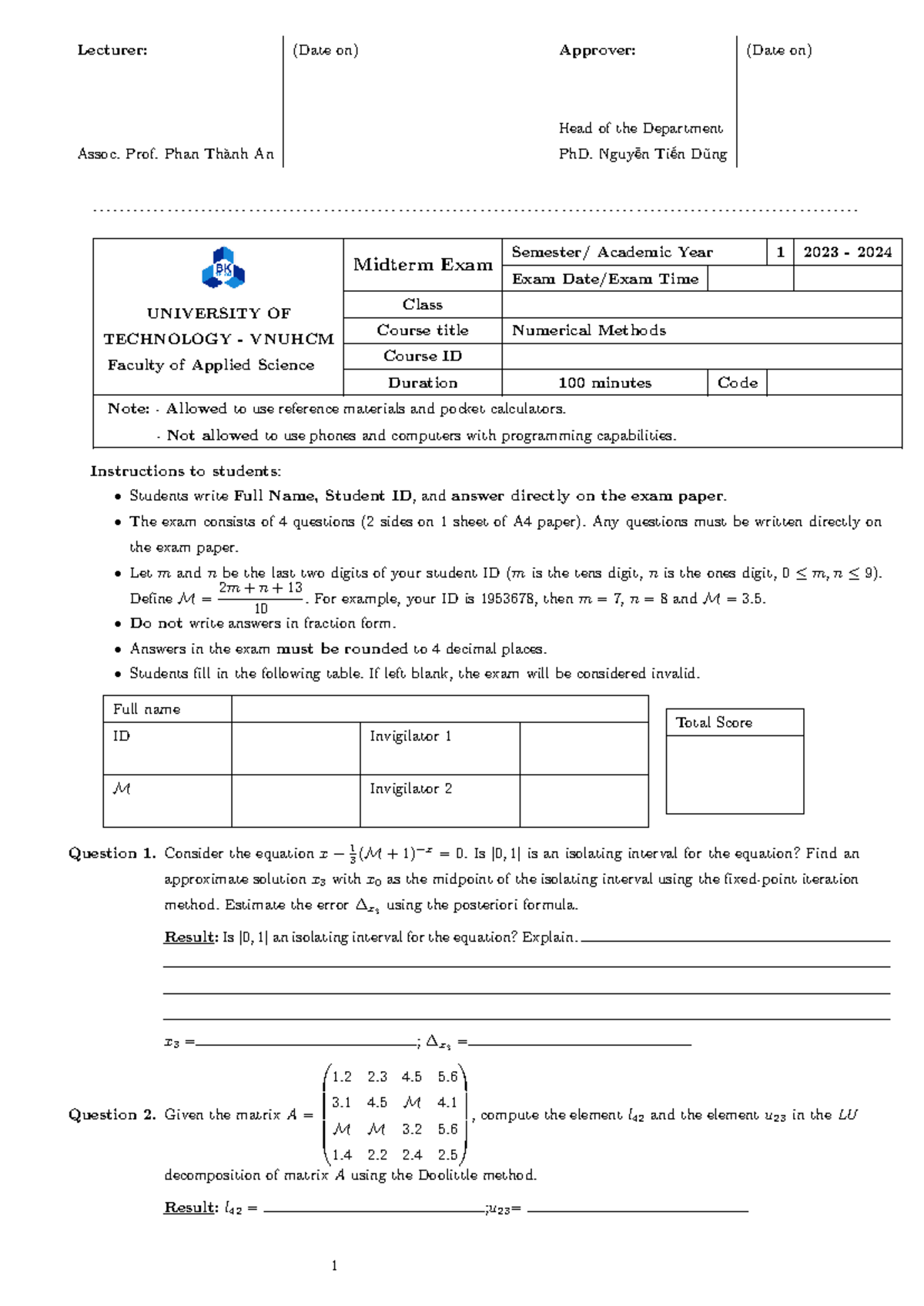 Numerical Methods Midterm Exam (Course ID: GHK1) 2023-2024 - Studocu