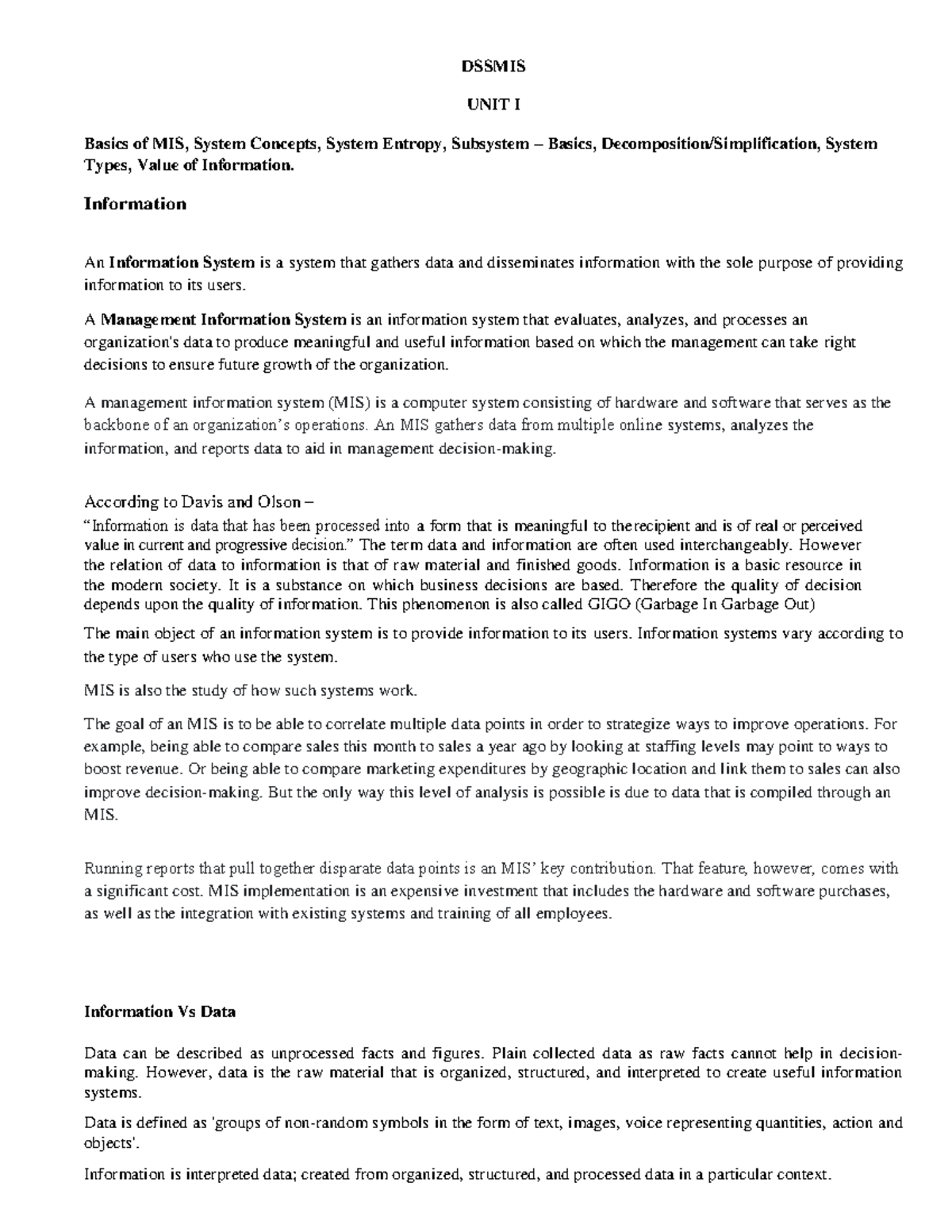 DSS MIS UNIT I - Fundamentals of Management Information Systems - Studocu
