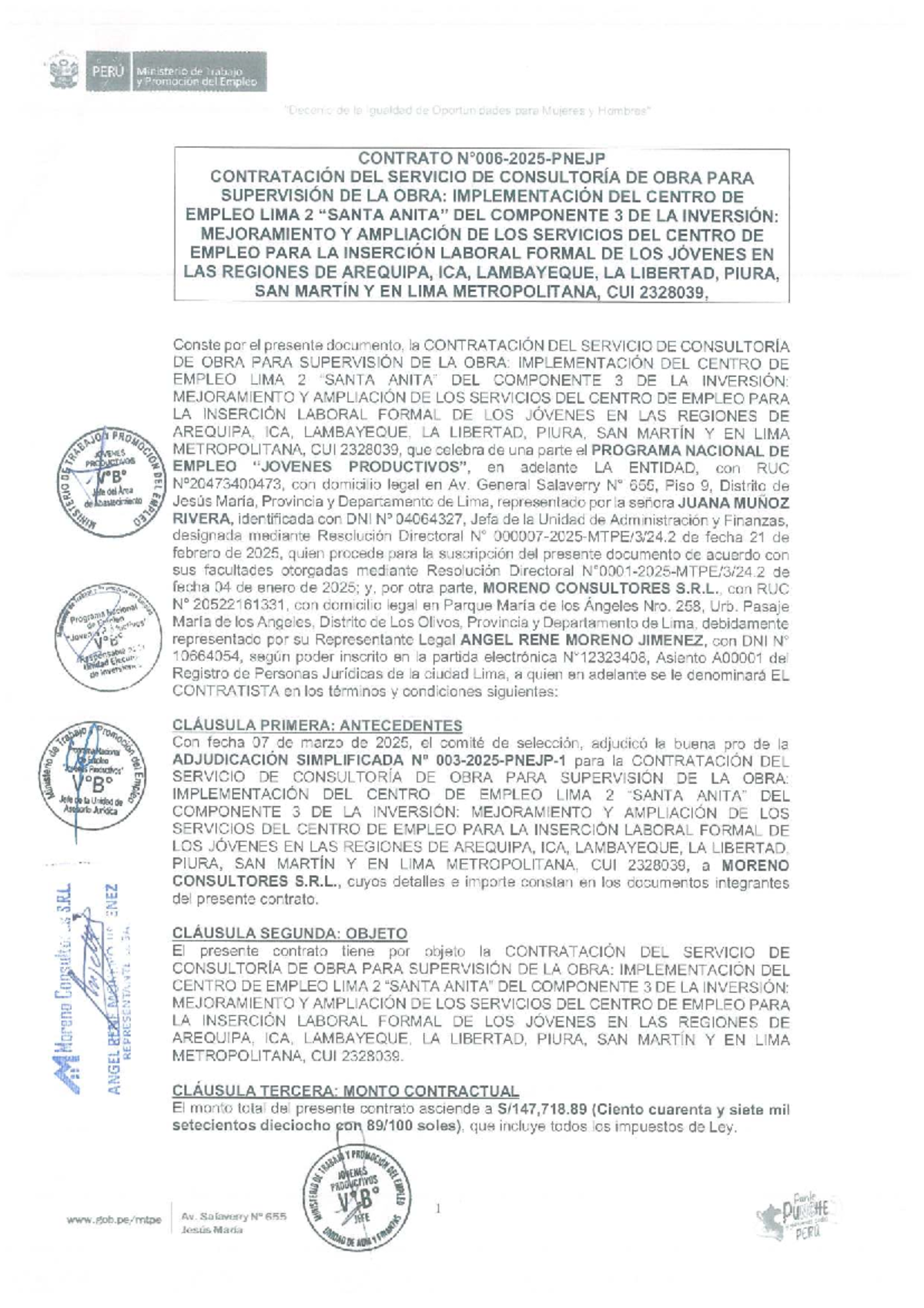 Contrato de Consultoría para Supervisión del Centro de Empleo Lima 2 ...