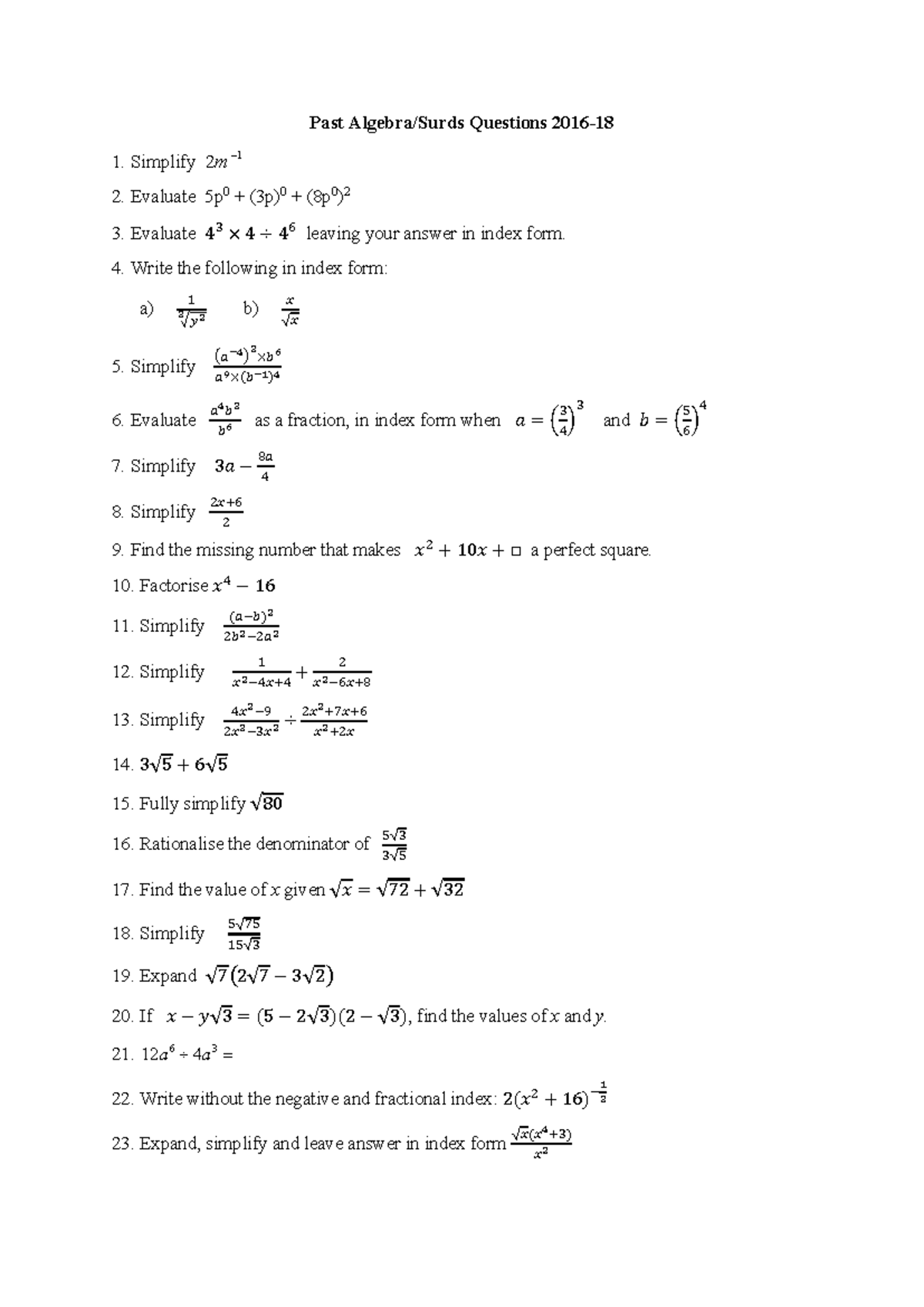 Past Algebra + Surd Questions: Practice & Solutions - Studocu