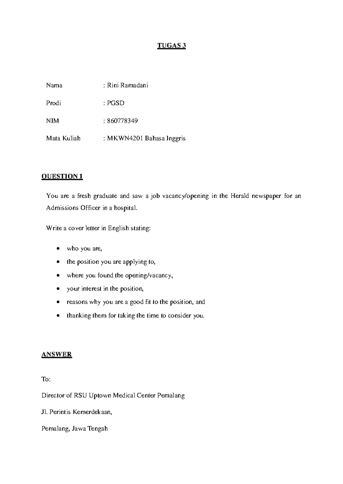 Tugas 3 MKWN4201: Cover Letter & Dialogue Practice - Studocu