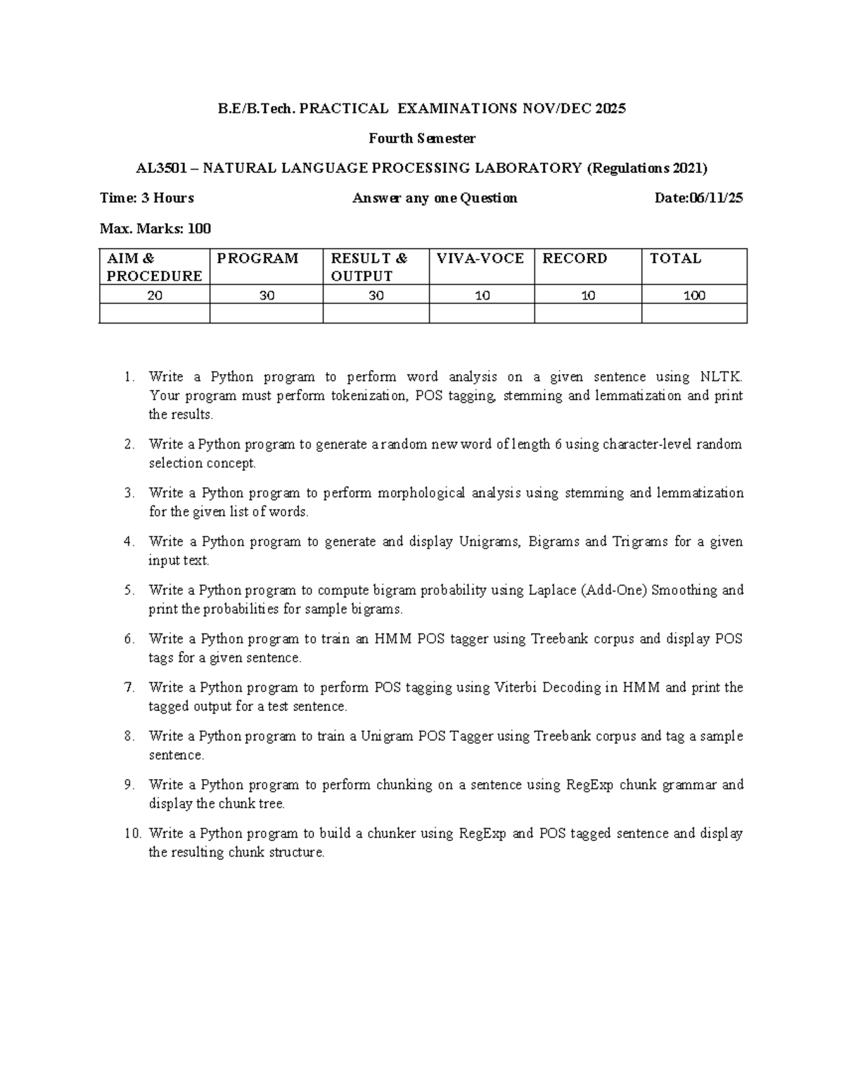 AU III AIML NLP LAB Practical Exam Questions Set 2025 - Studocu