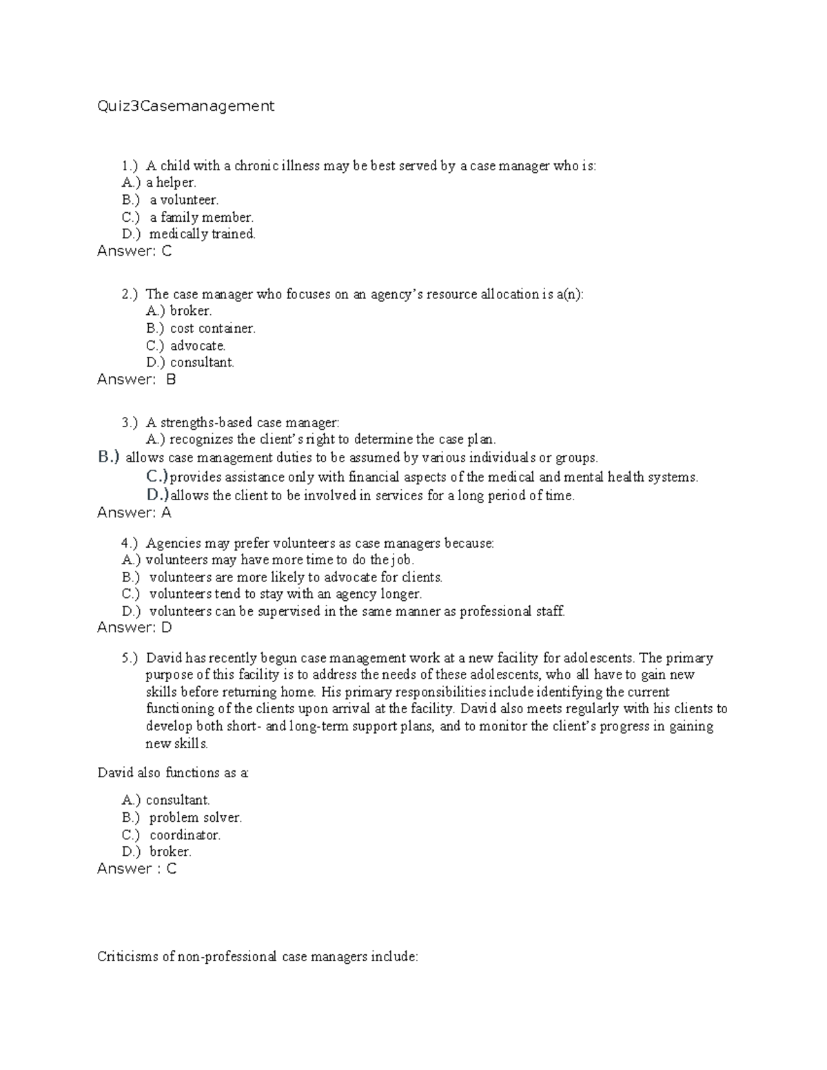 Quiz 3 Case Management - Practice Questions and Answers Guide - Studocu