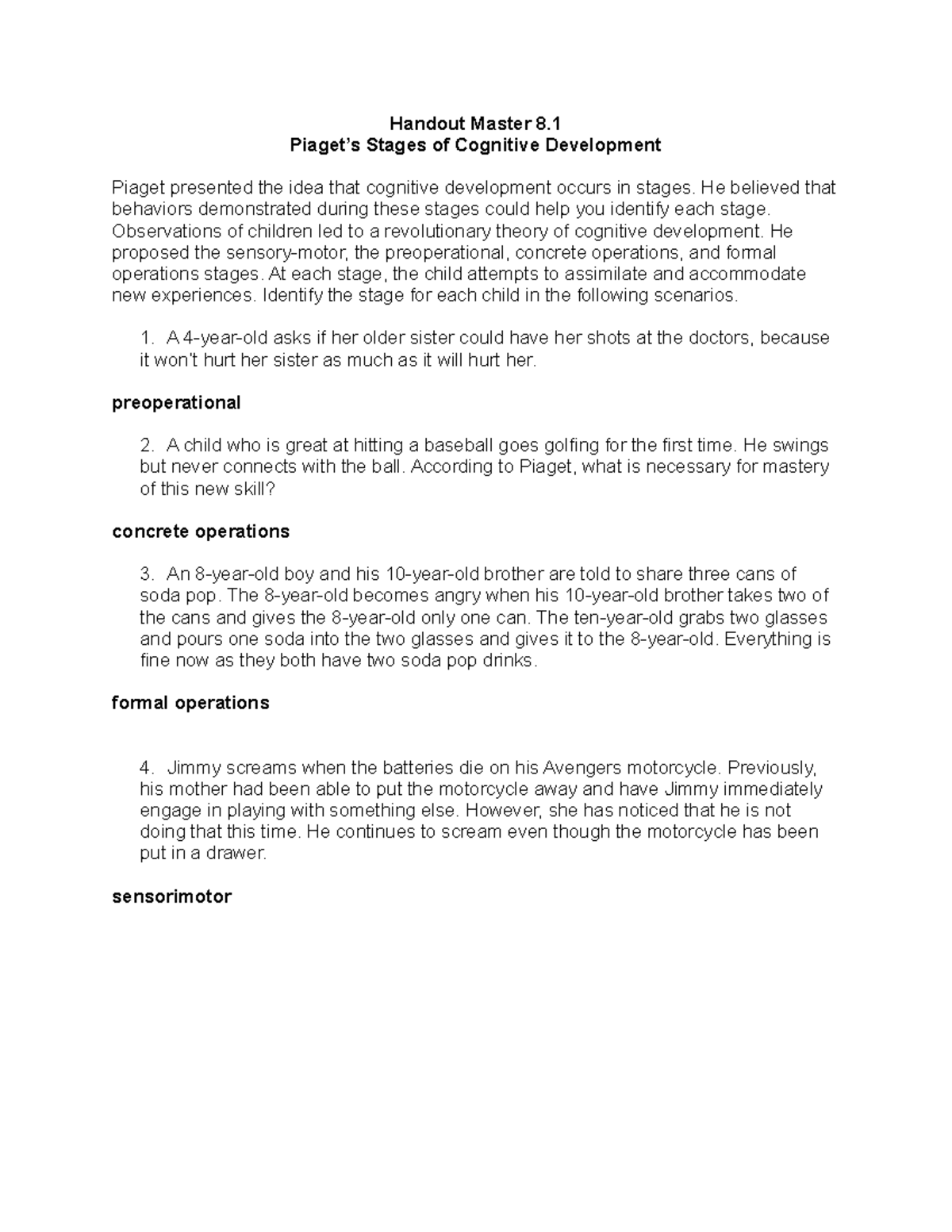 Handout 8.1: Understanding Piaget's Stages of Cognitive Development - Studocu
