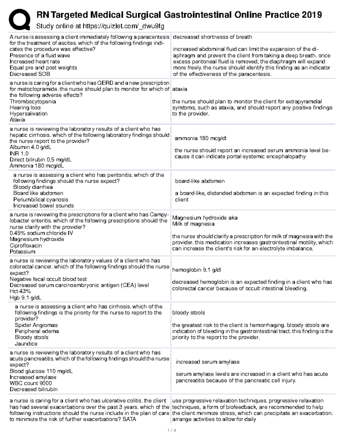 RN Targeted Medical Surgical Gastrointestinal Online Practice 2019 ...
