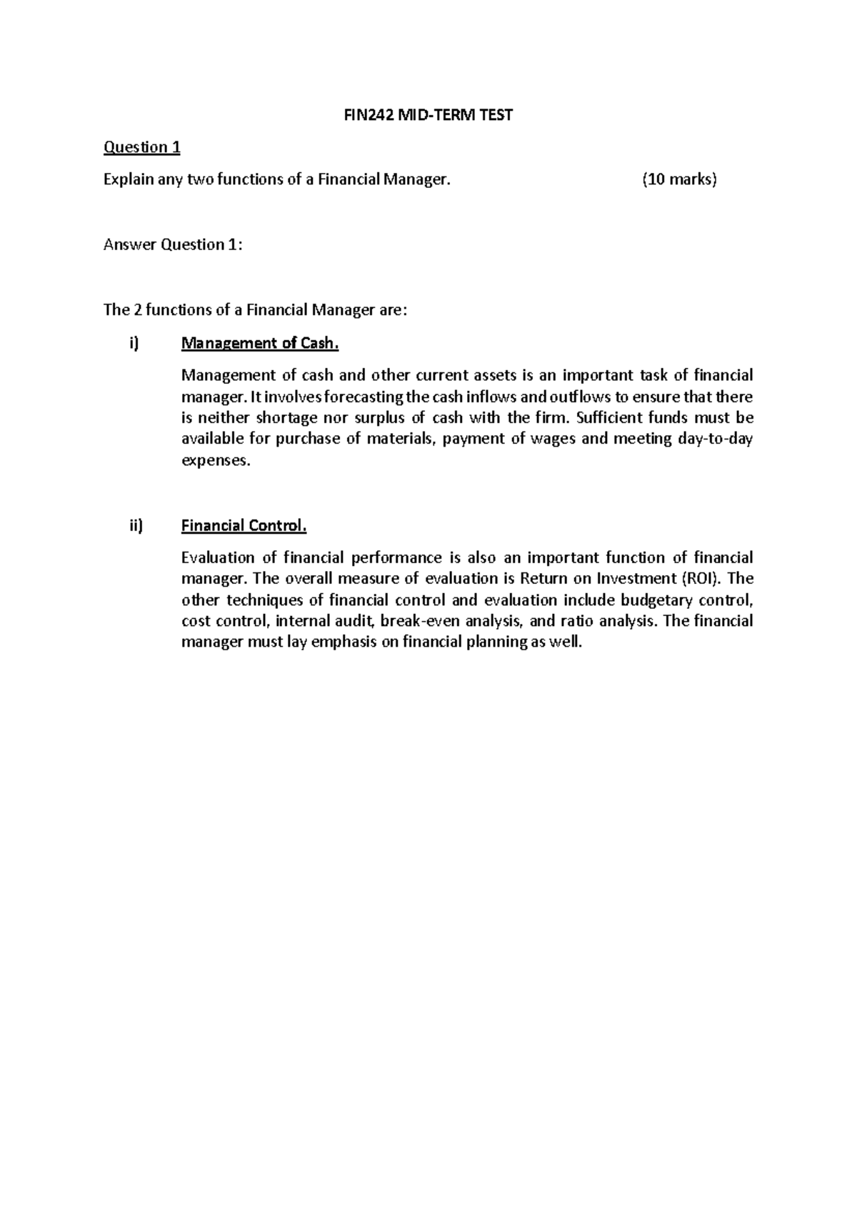 FIN242 Mid Term Test Analysis and Financial Management Insights - Studocu