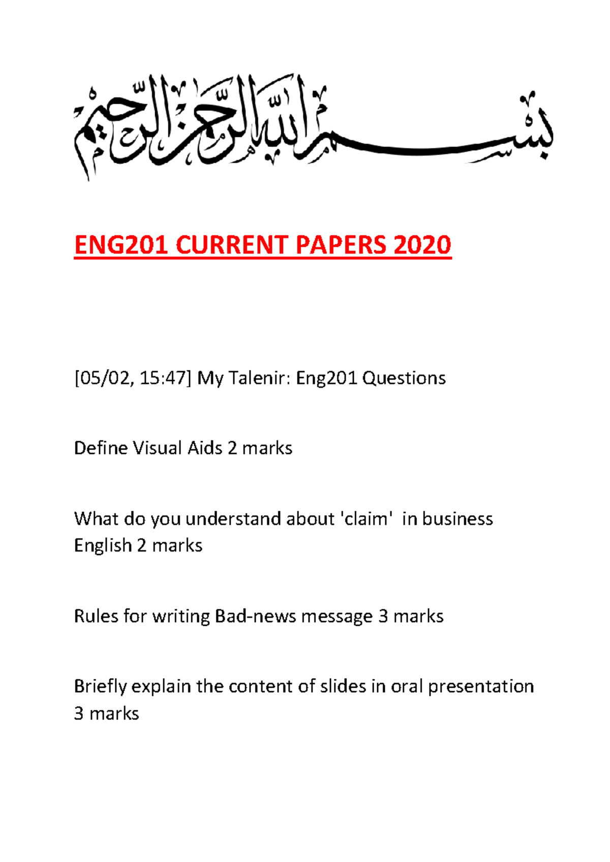 ENG201 Final Term Paper: Key Questions and Answers 2020 - Studocu