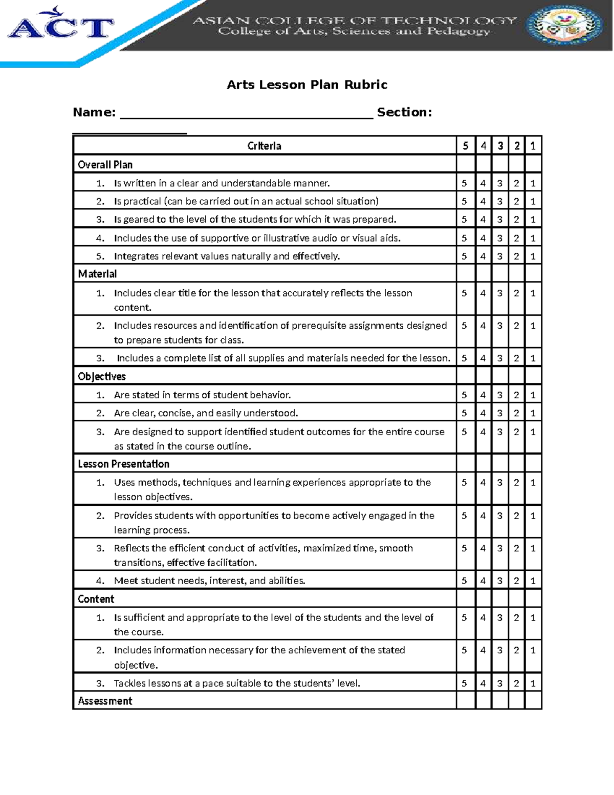 ART 101 Lesson Planning Rubric: Evaluation Criteria and Guidelines ...