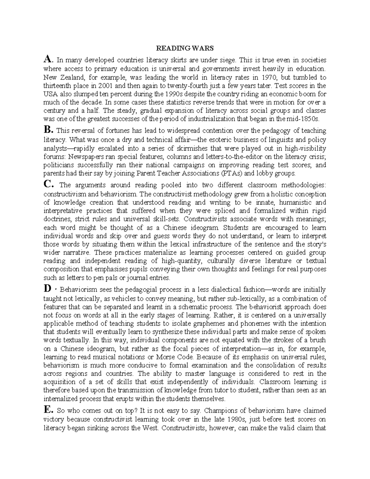 Reading Wars: Analyzing Literacy Pedagogy and Its Impact on Education ...