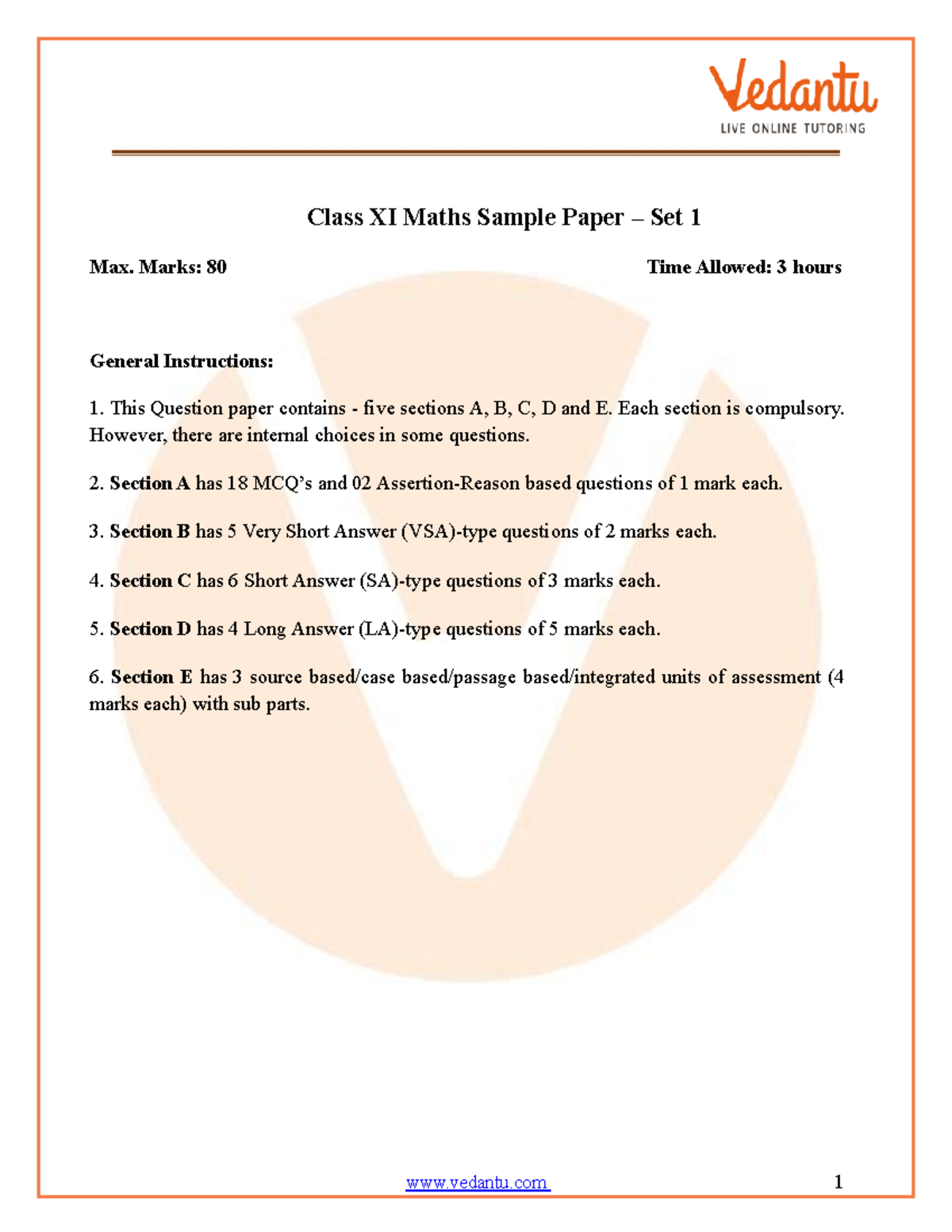 CBSE Class 11 Maths Sample Paper Set 1 (2025-26) - Max Marks: 80 - Studocu
