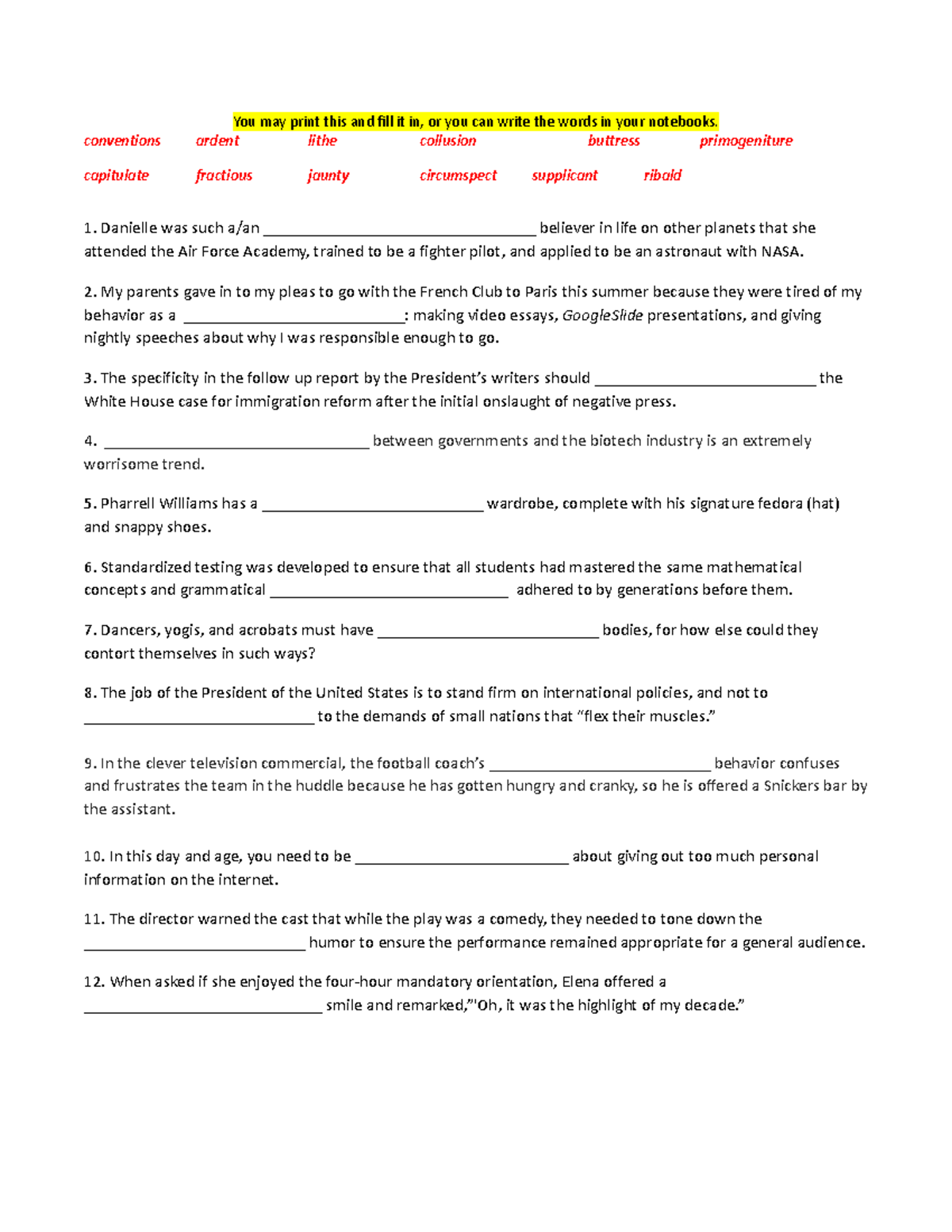 Copy of 2026 Vocab Review: Fill in the Blanks Exercise - Studocu
