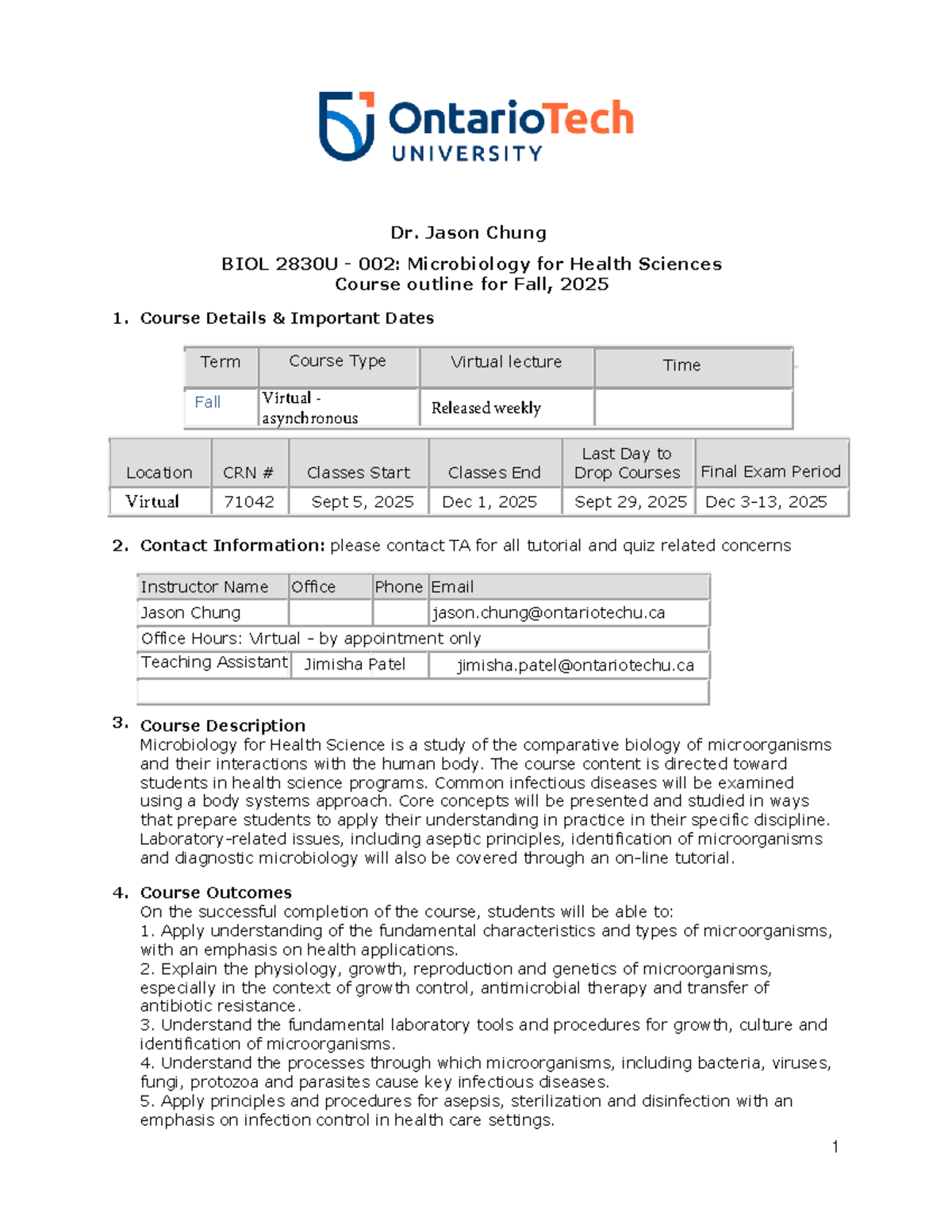 Microbiology for Health Sciences Syllabus BIOL 2830U 002 - Fall 2025 ...