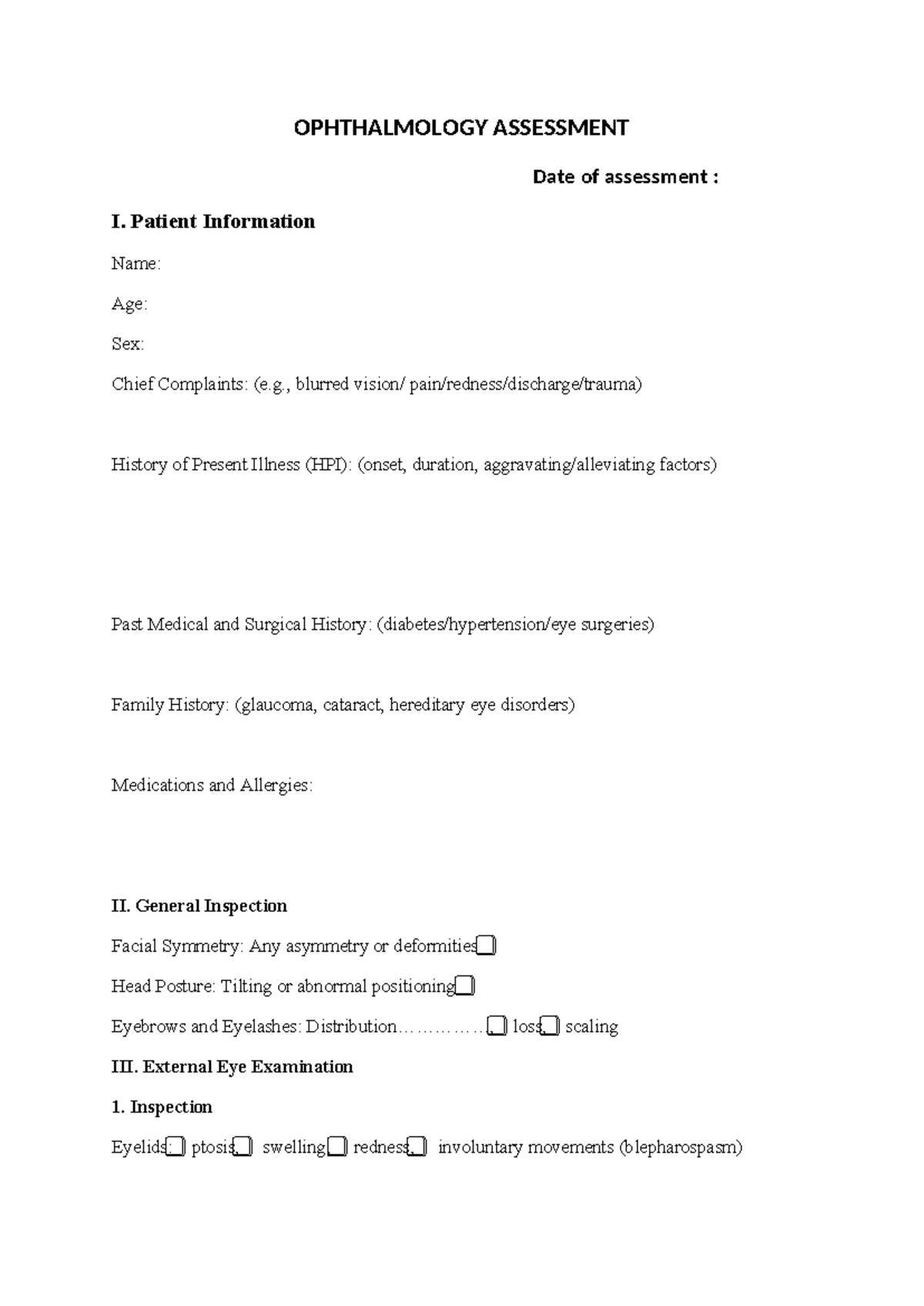Ophthalmology Assessment Guide: Patient Evaluation & Findings - Studocu