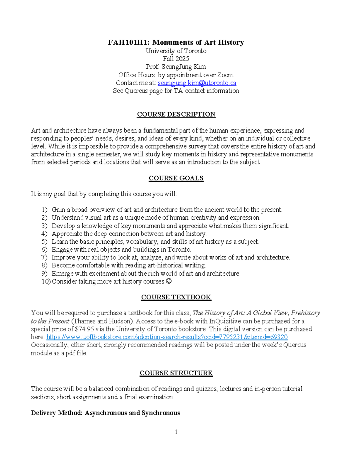FAH101H1: Fall 2025 Art History Syllabus Overview - Studocu