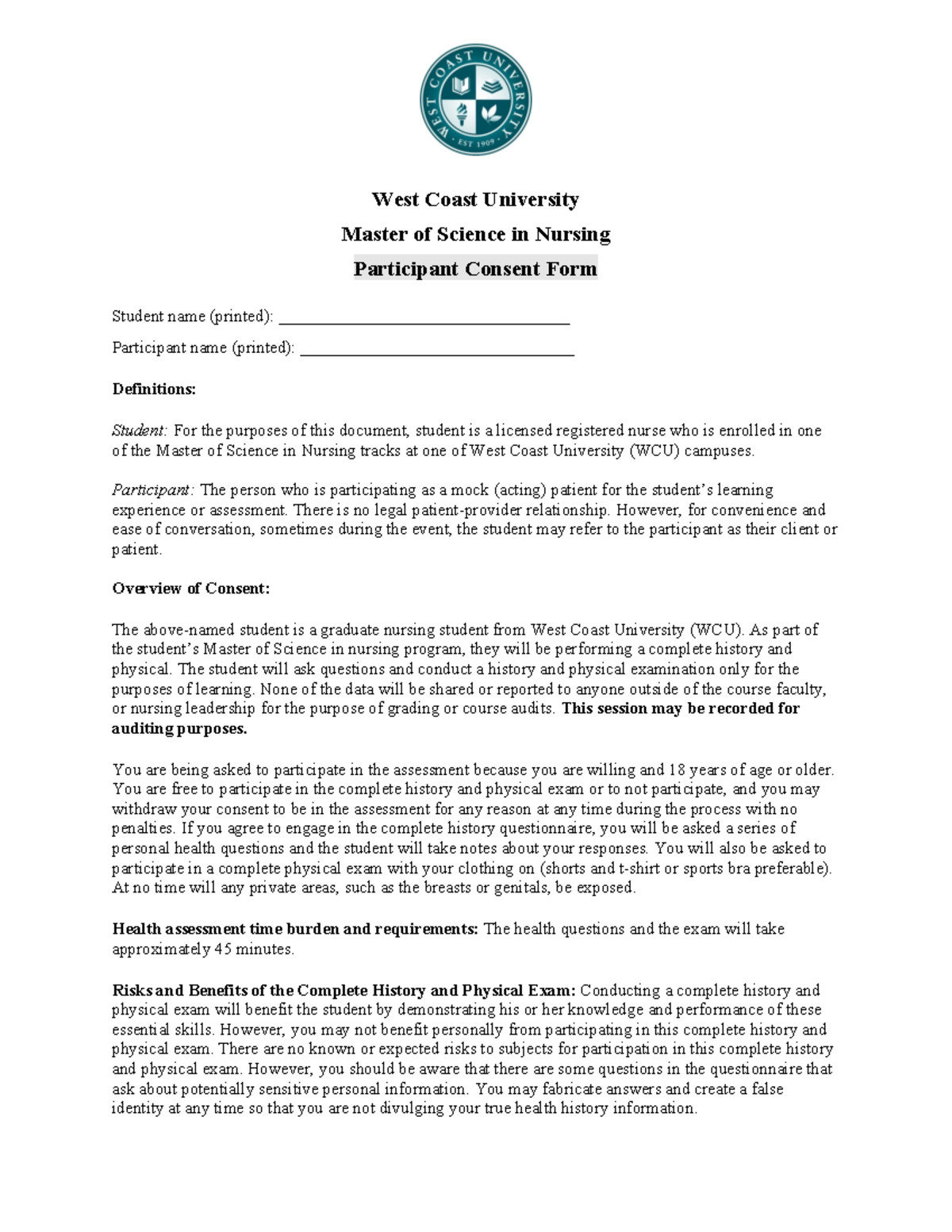 WCU MSN Participant Consent Form for Head to Toe Assessment - Studocu