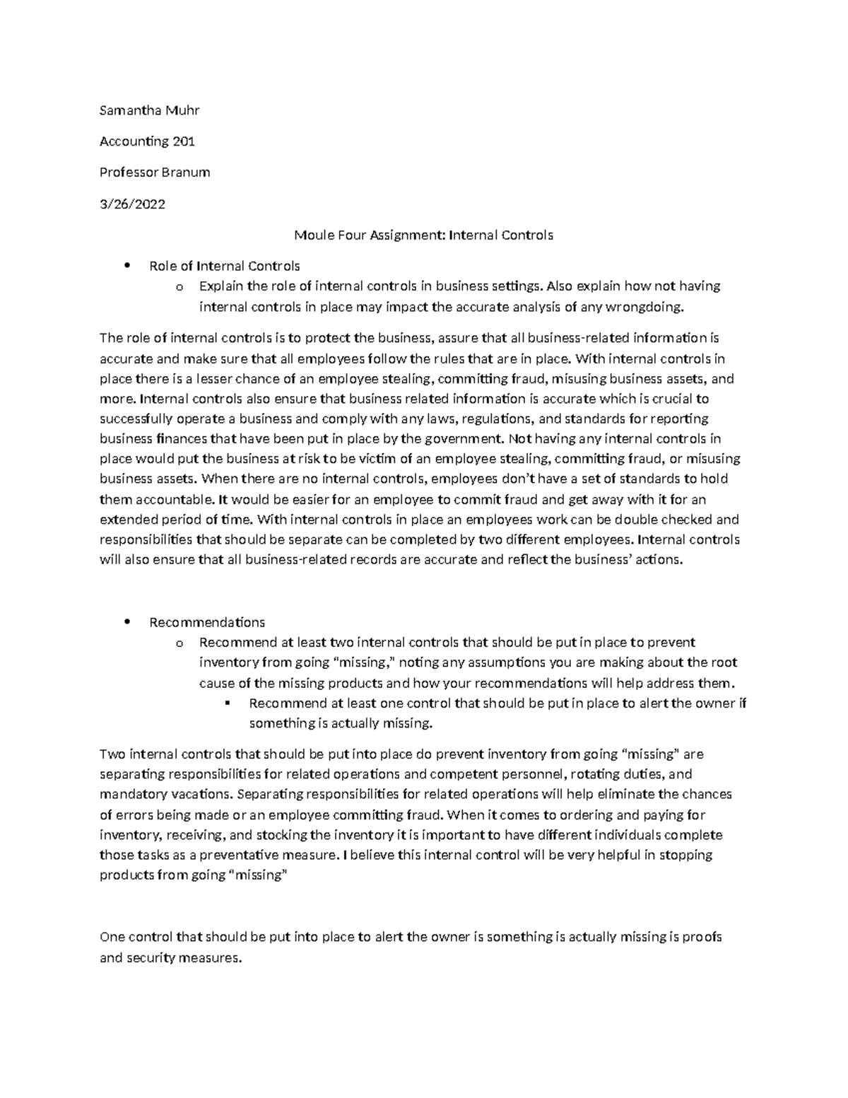 ACCT 201 Module 4: Internal Controls and Recommendations for Businesses ...