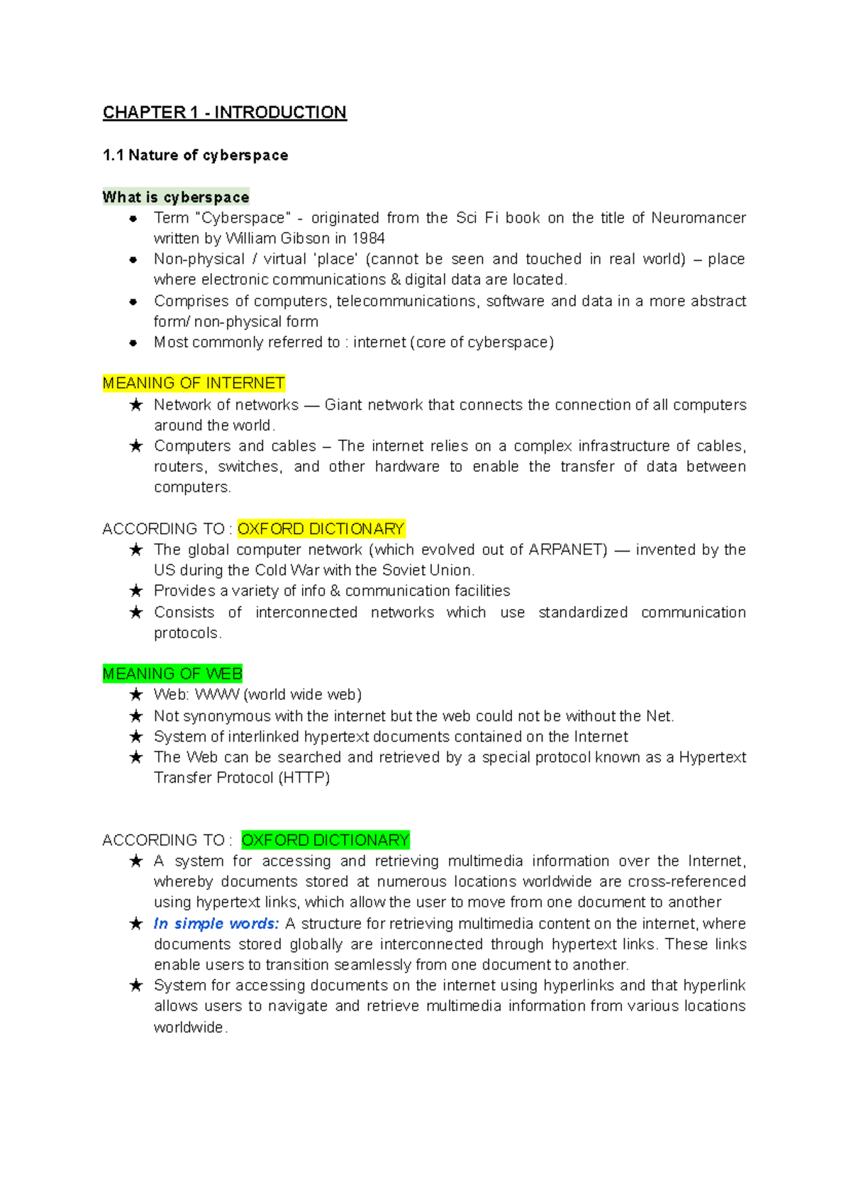 Chapter 1 - Cyber LAW Notes - CHAPTER 1 - INTRODUCTION 1 Nature of ...