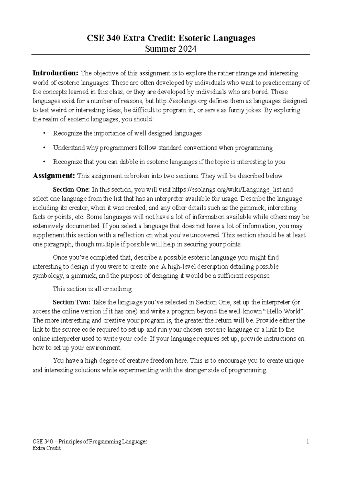 CSE340 EC Summer 2024 - Exploring Esoteric Programming Languages - Studocu