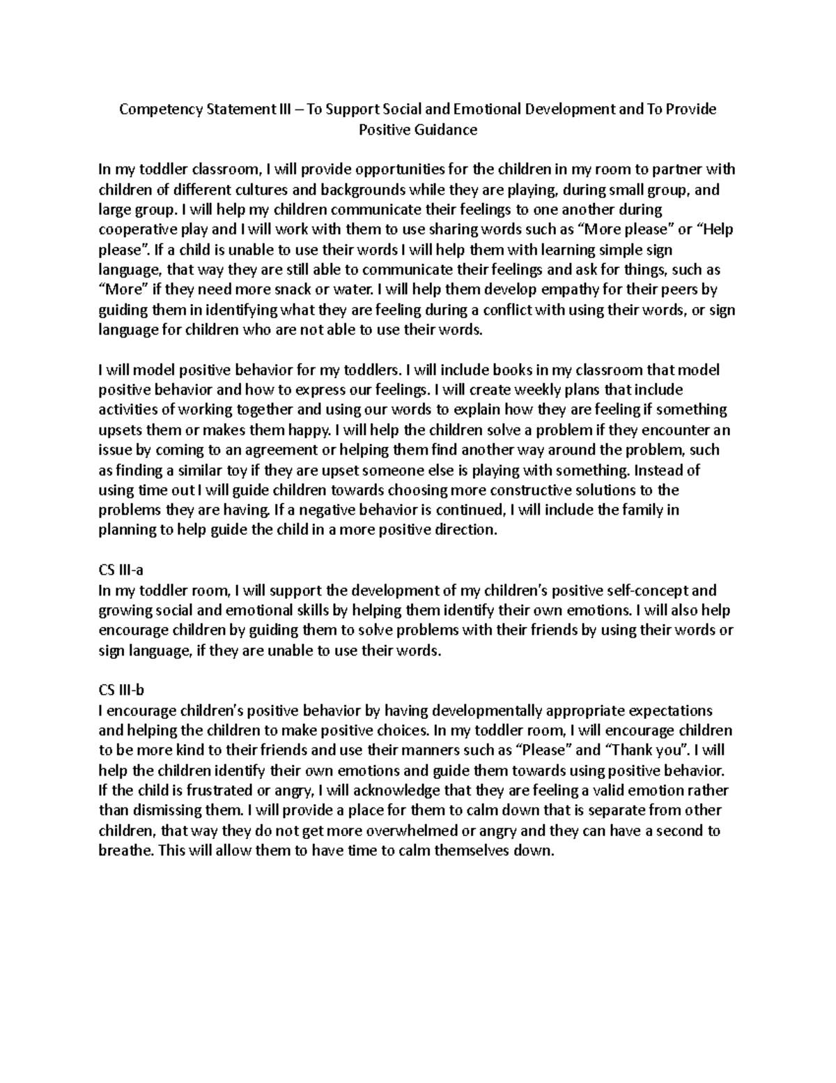 Support for Social-Emotional Development: Competency Statement III ...