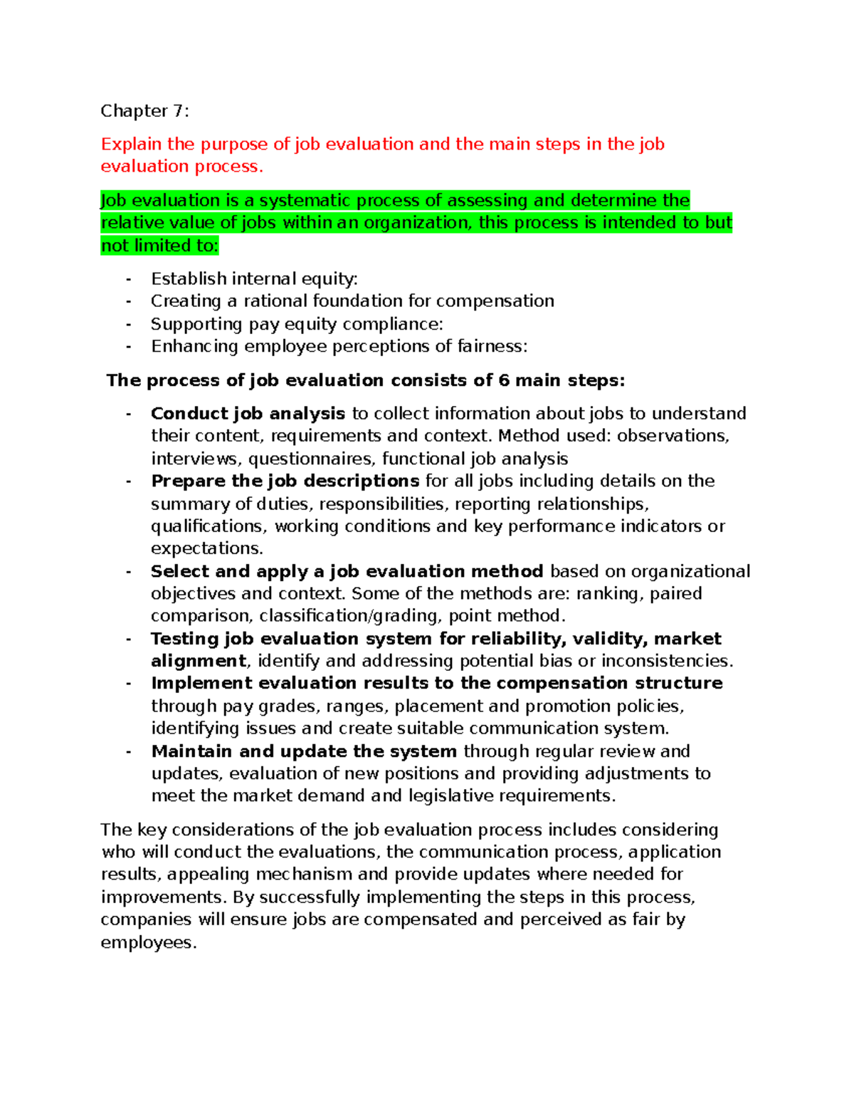 Chapter 7: Job Evaluation Process and Key Methods in C&B - Studocu