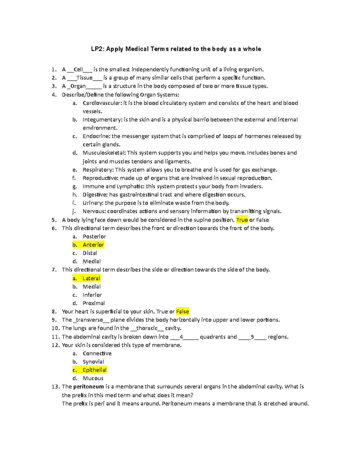 LP2 Worksheet: Understanding Medical Terminology of the Body - Studocu