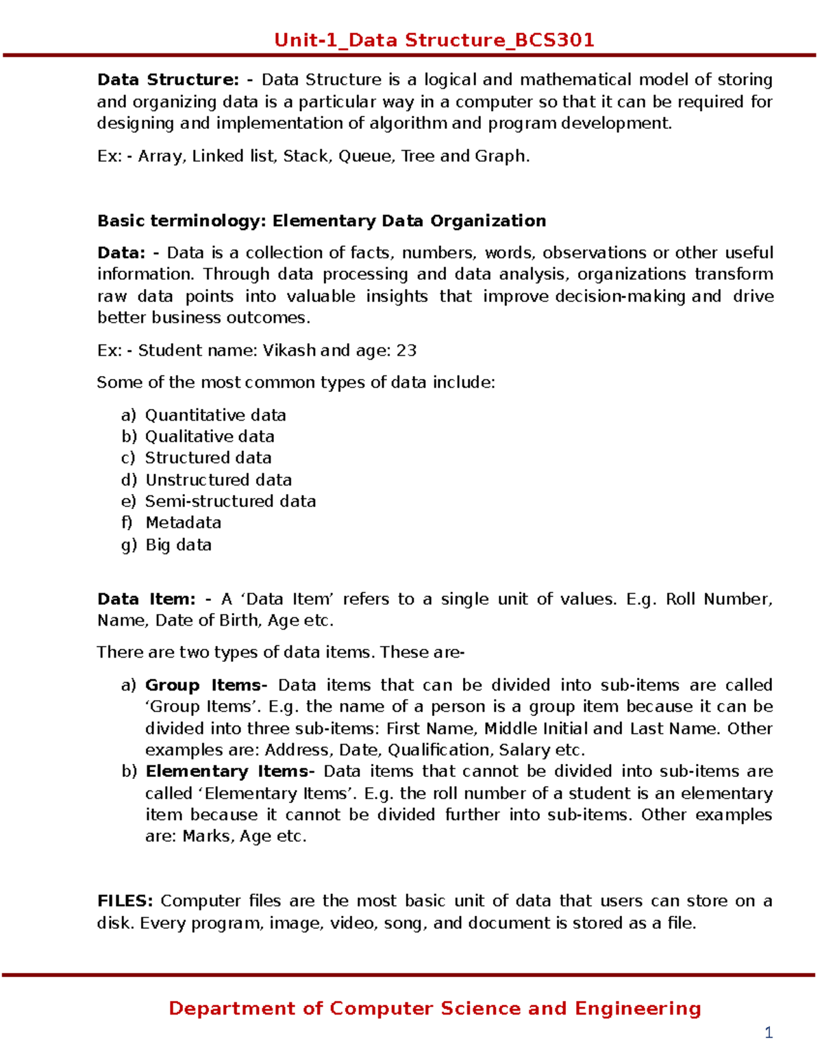 Data Structures Overview - BCS301 Unit 1 Notes 2025-26 - Studocu