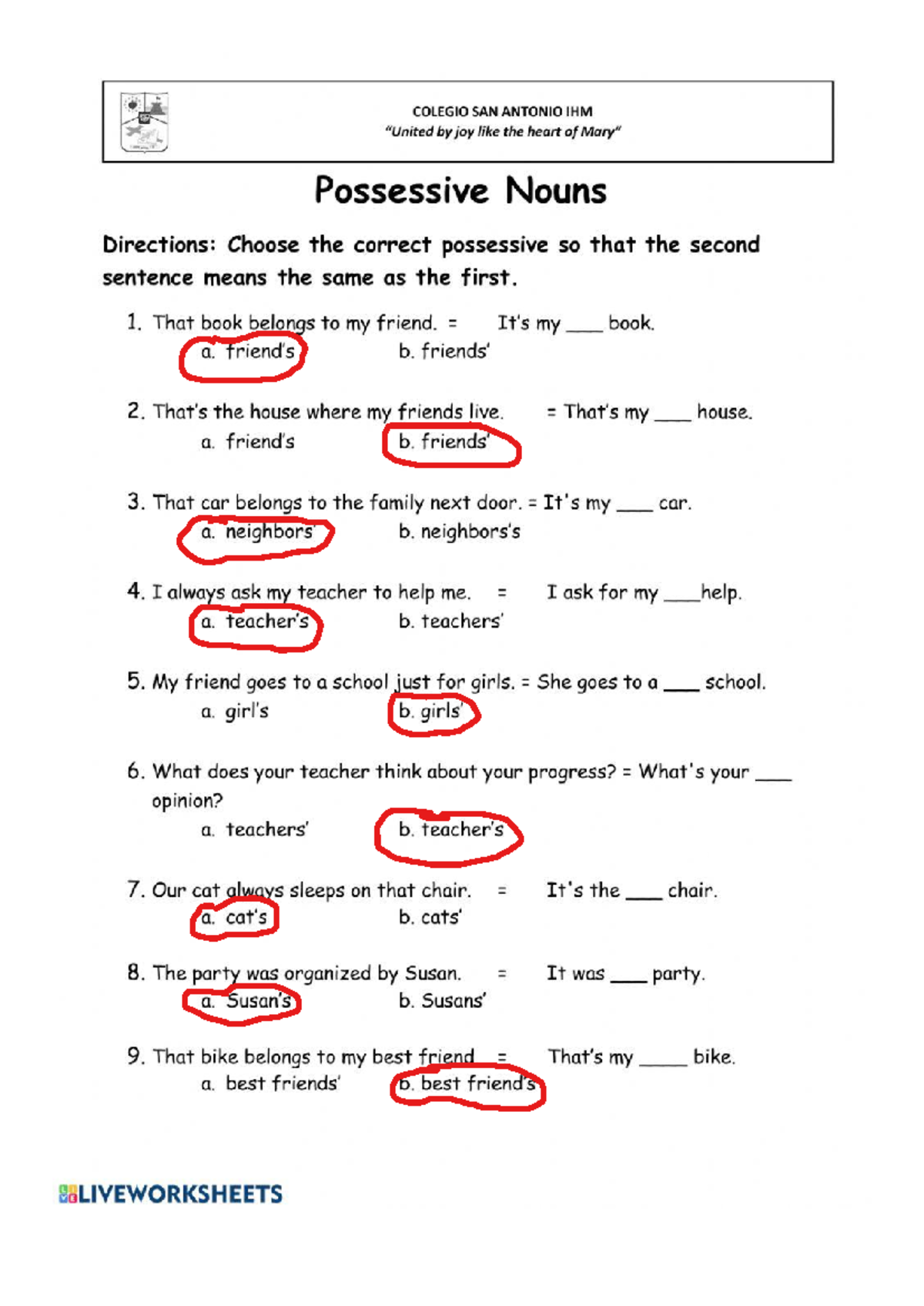 Possessive Nouns Practice 1 AESM - Studocu